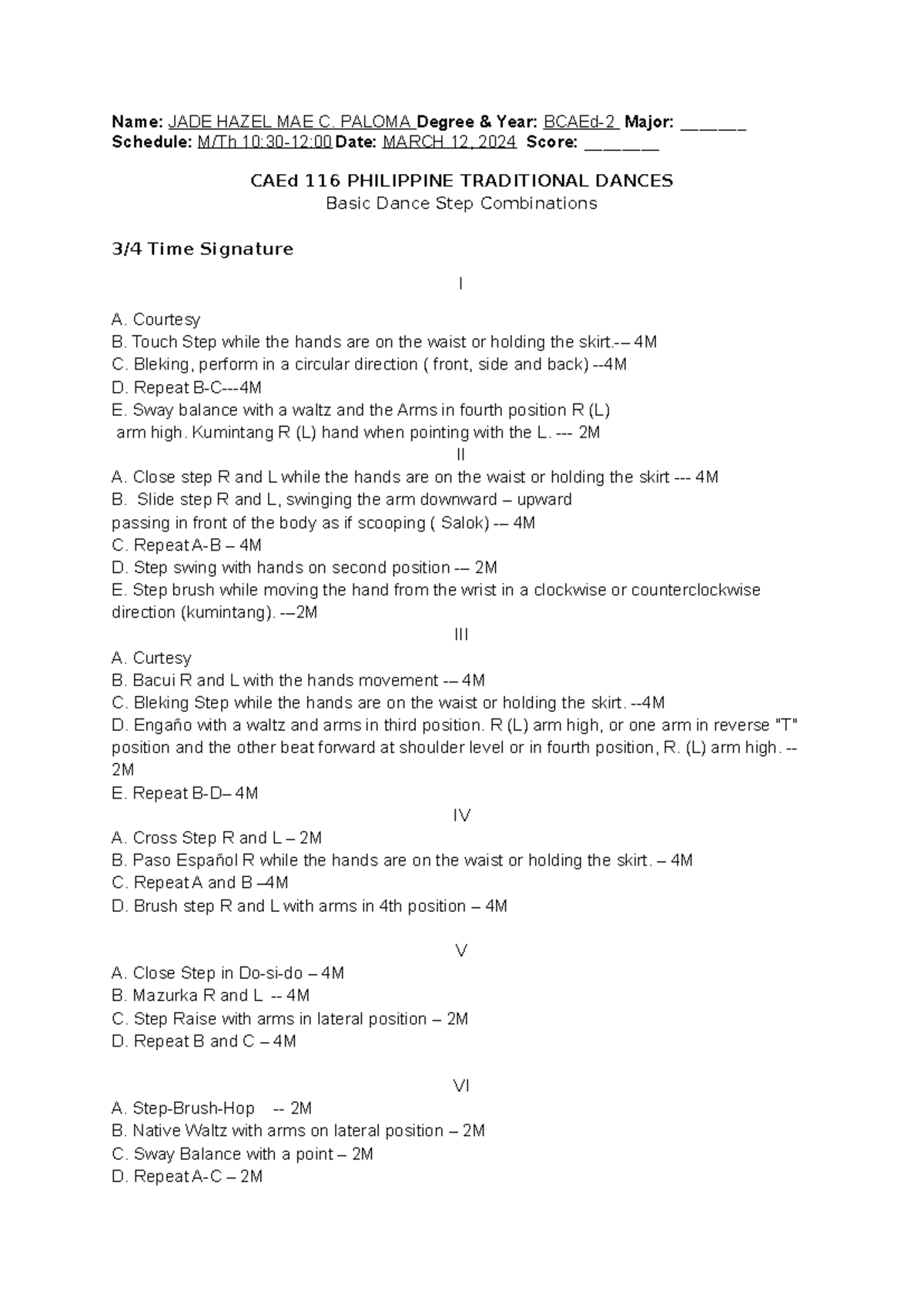 Basic Dance - Name: JADE HAZEL MAE C. PALOMA Degree & Year: BCAEd-2 ...