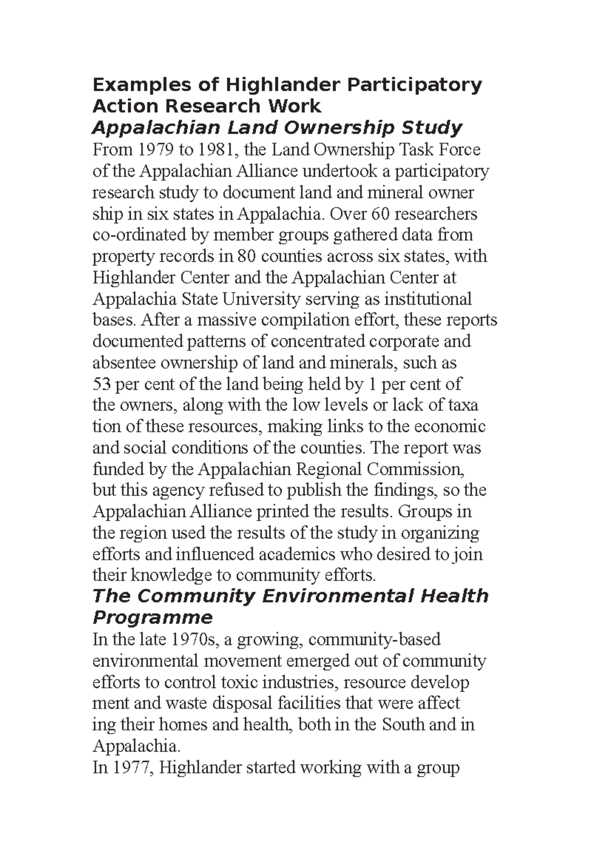 Examples of Highlander Participatory Action Research Work - Examples of ...