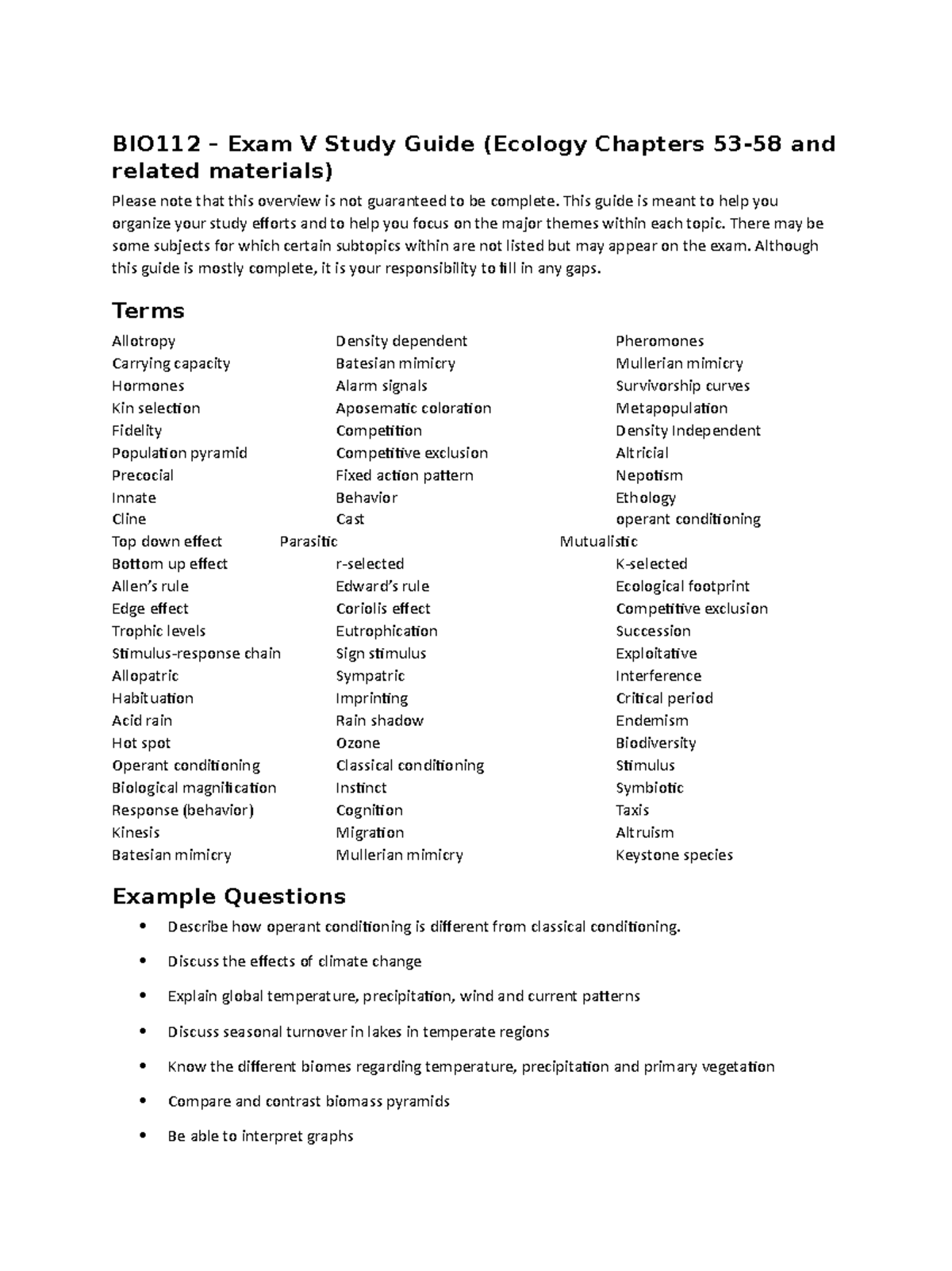 Study Guide Exam 5 F 21 - BIO112 – Exam V Study Guide (Ecology Chapters ...