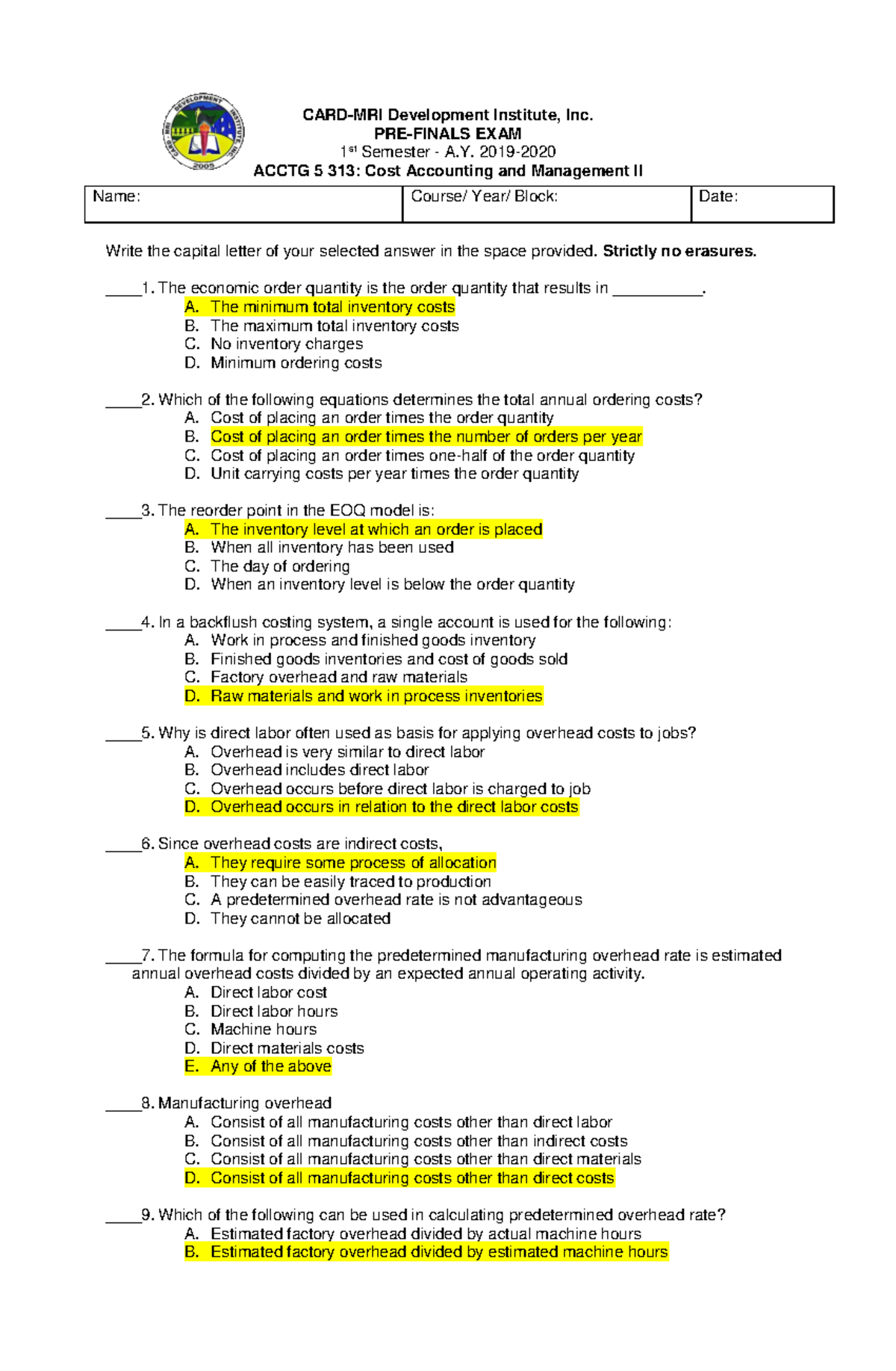 Pdfcoffee - PRACTICE MATERIAL - CARD-MRI Development Institute, Inc. PRE-FINALS EXAM 1 st ...