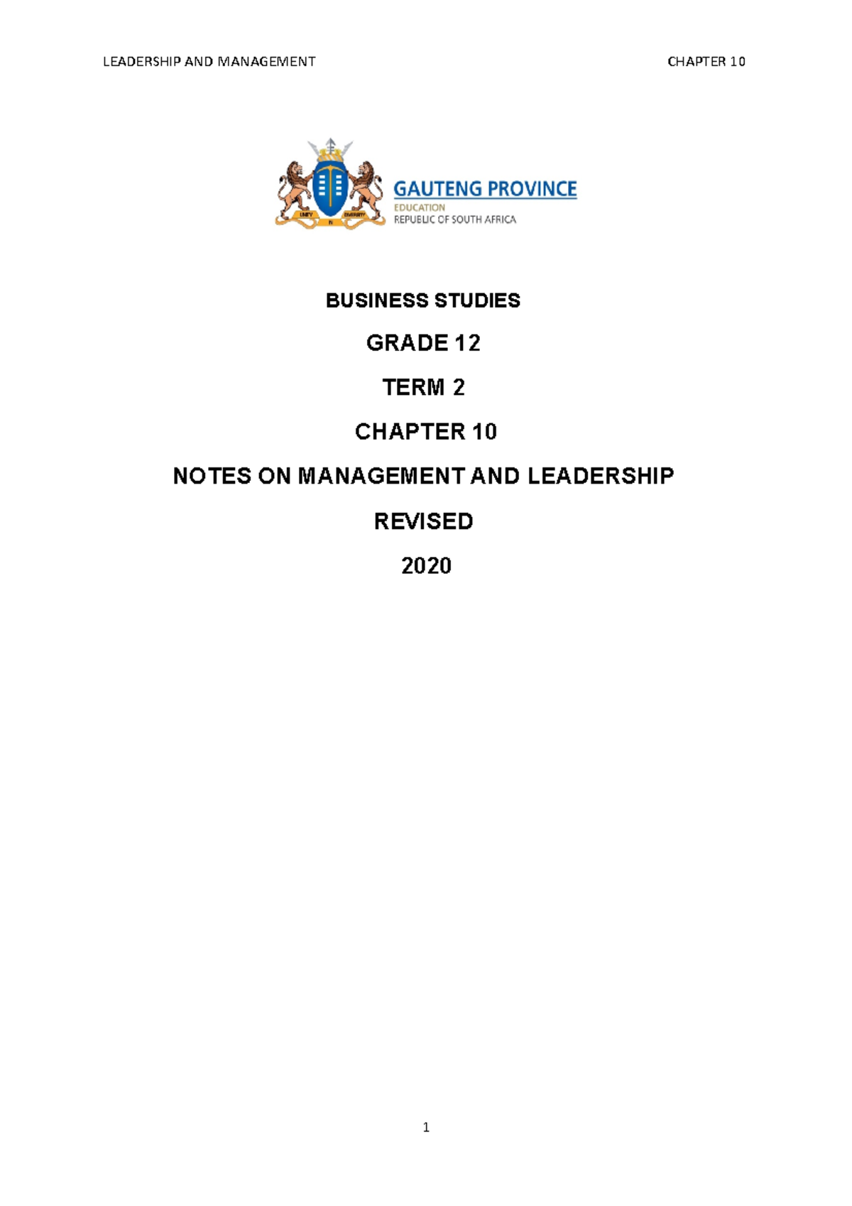 Revised Chapter 10 Business Studies Grade 12 Notes ON Leadership AND ...