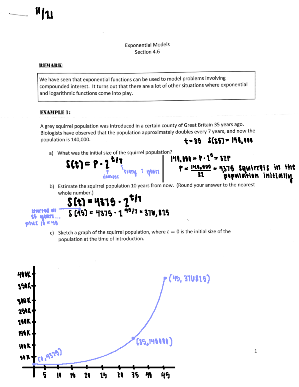 MATH112 22 - Exponential Models - 11 / 2I t= 35 S(35)=140, 140,000 = p ...