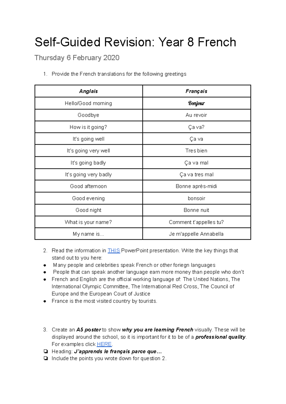French 1 - Self-Guided Revision: Year 8 French Thursday 6 February 2020 ...