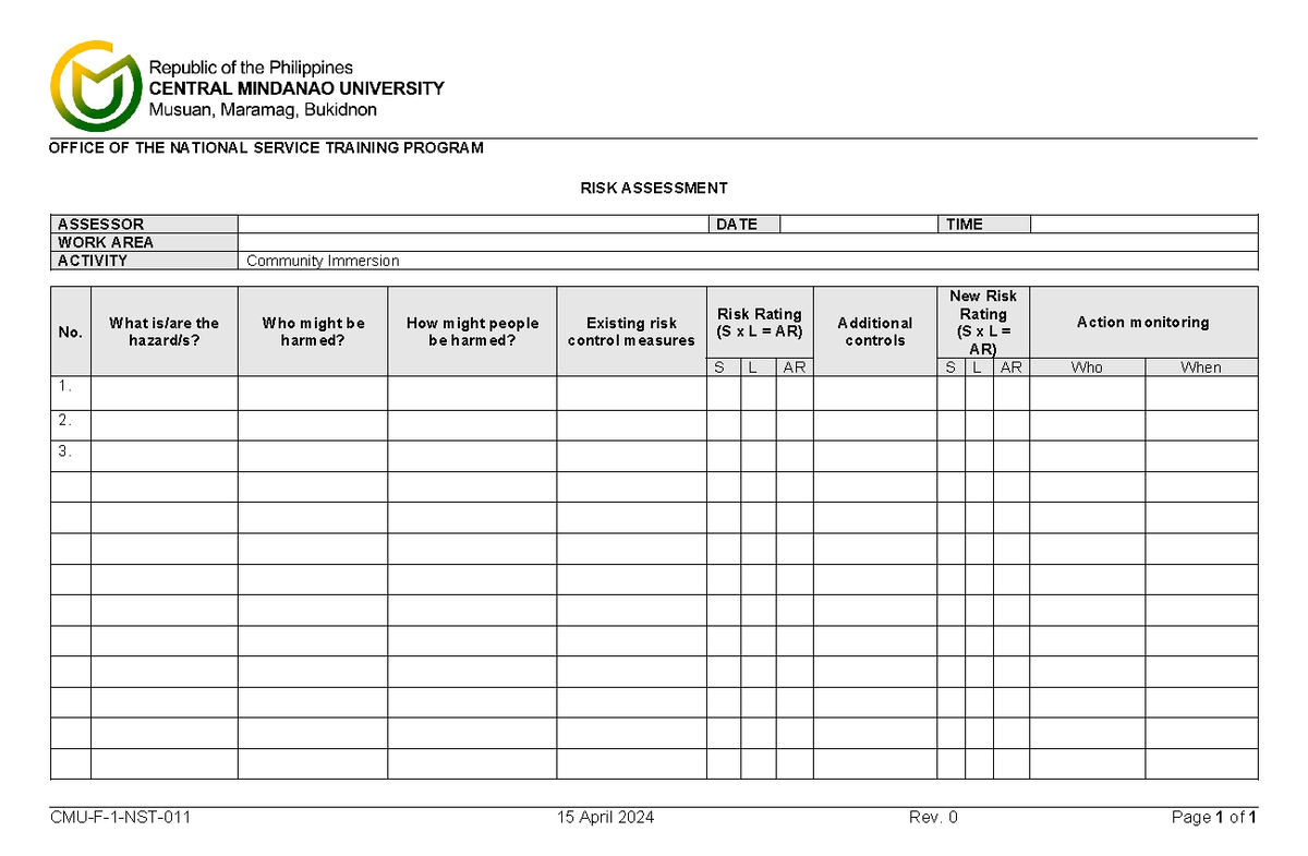 CMU F 1 NST 011 RISK Assessment - OFFICE OF THE NATIONAL SERVICE ...