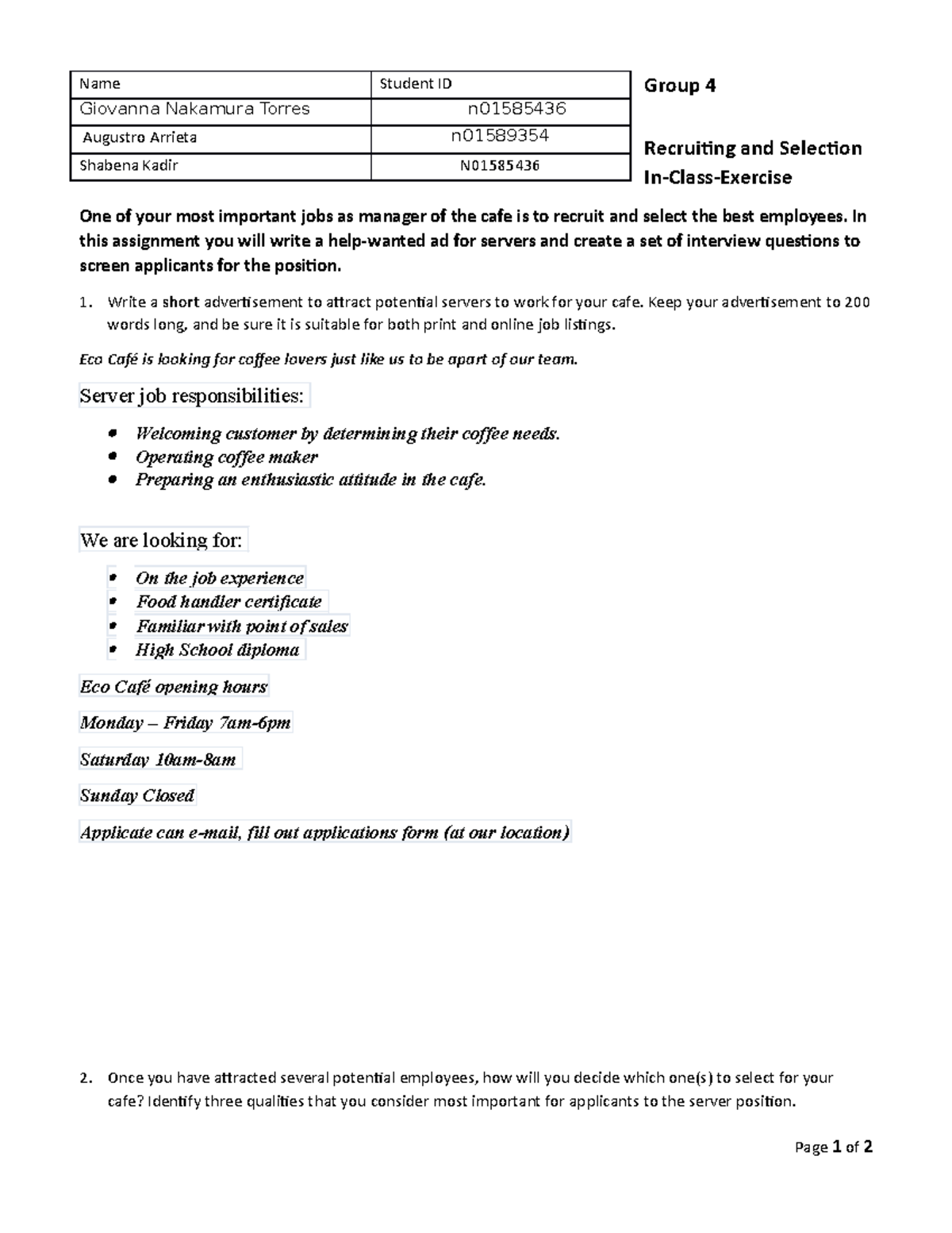 Exercise - Recruiting and Selection - Group 4 Recruiting and Selection ...