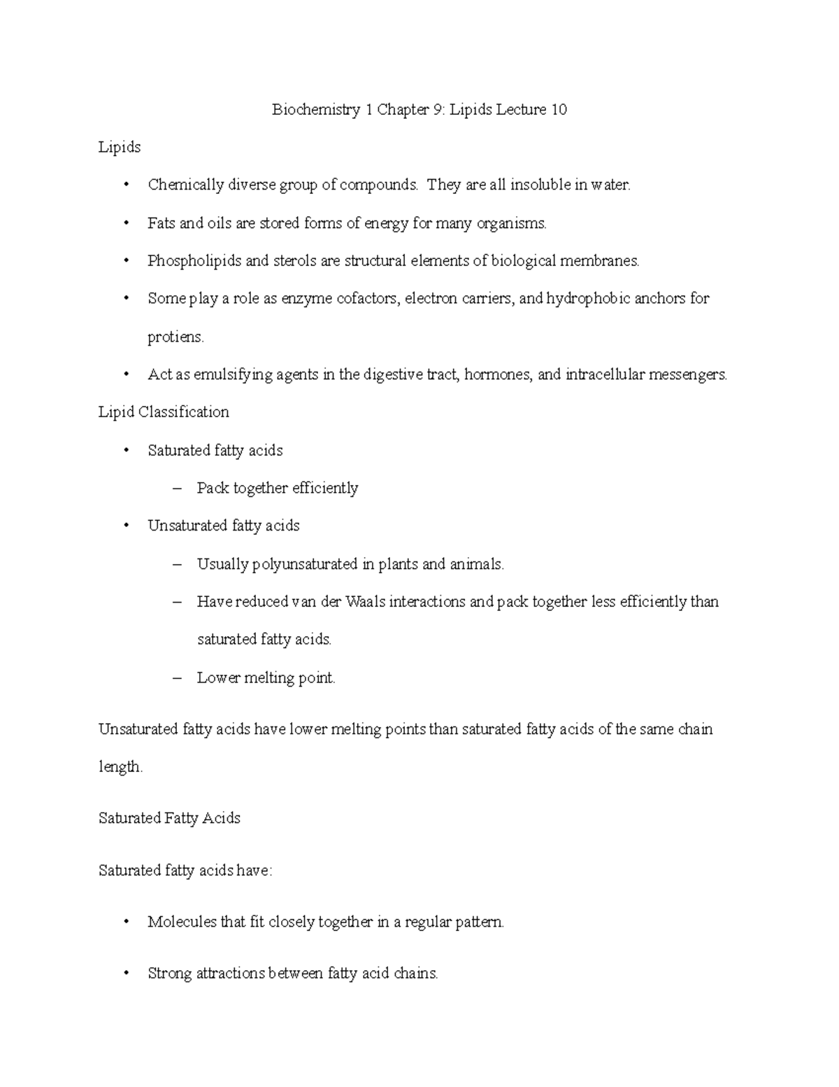 Chapter 9 Lipids Lecture 10 Study Guide/Notes - Biochemistry 1 Chapter ...