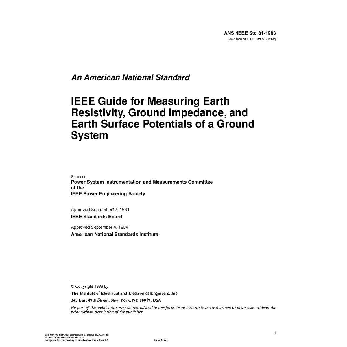 IEEE Std 81-1983 Guide for measuring earth resistivity - i ANSI/IEEE ...