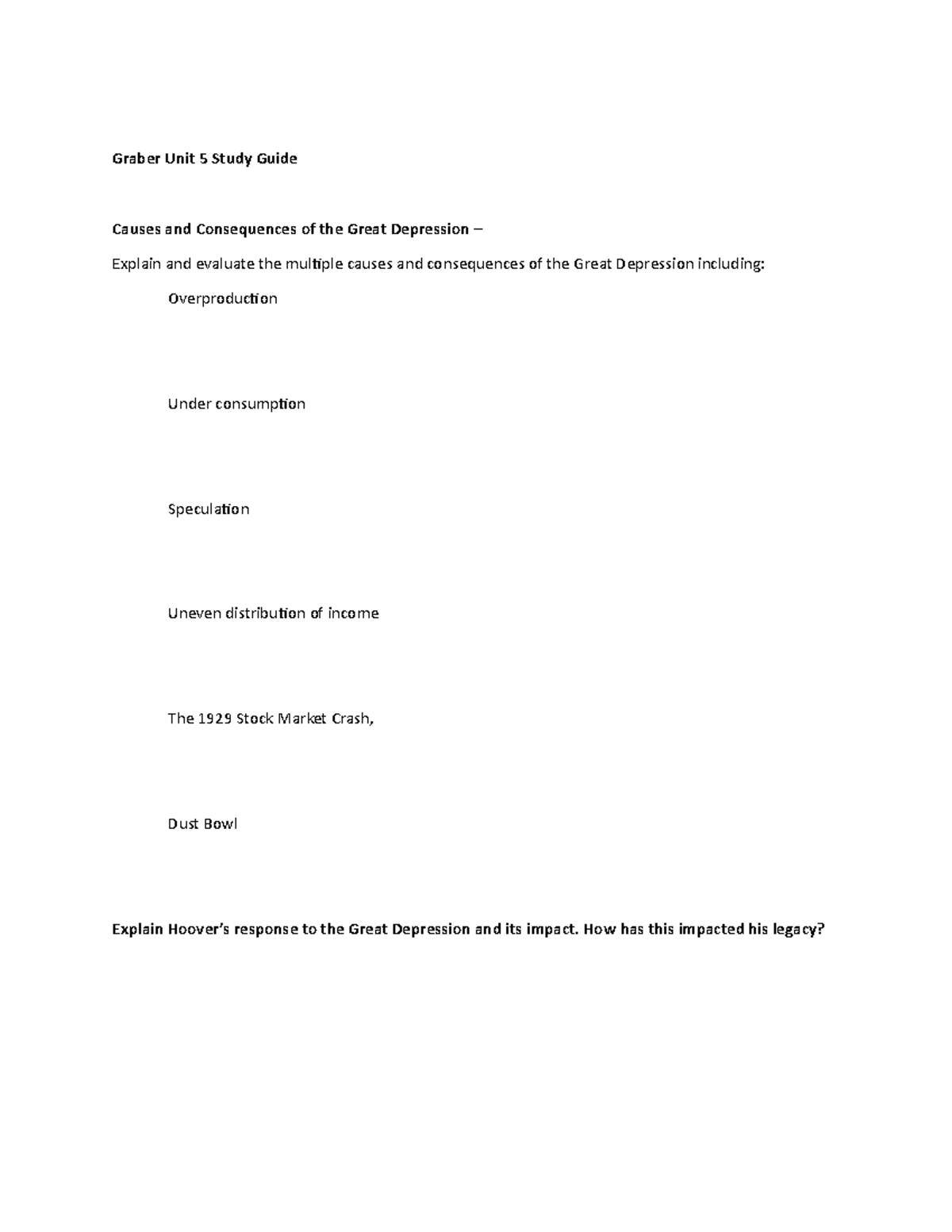 Unit 5 Study Guide Unit 5 Graber Unit 5 Study Guide Causes And