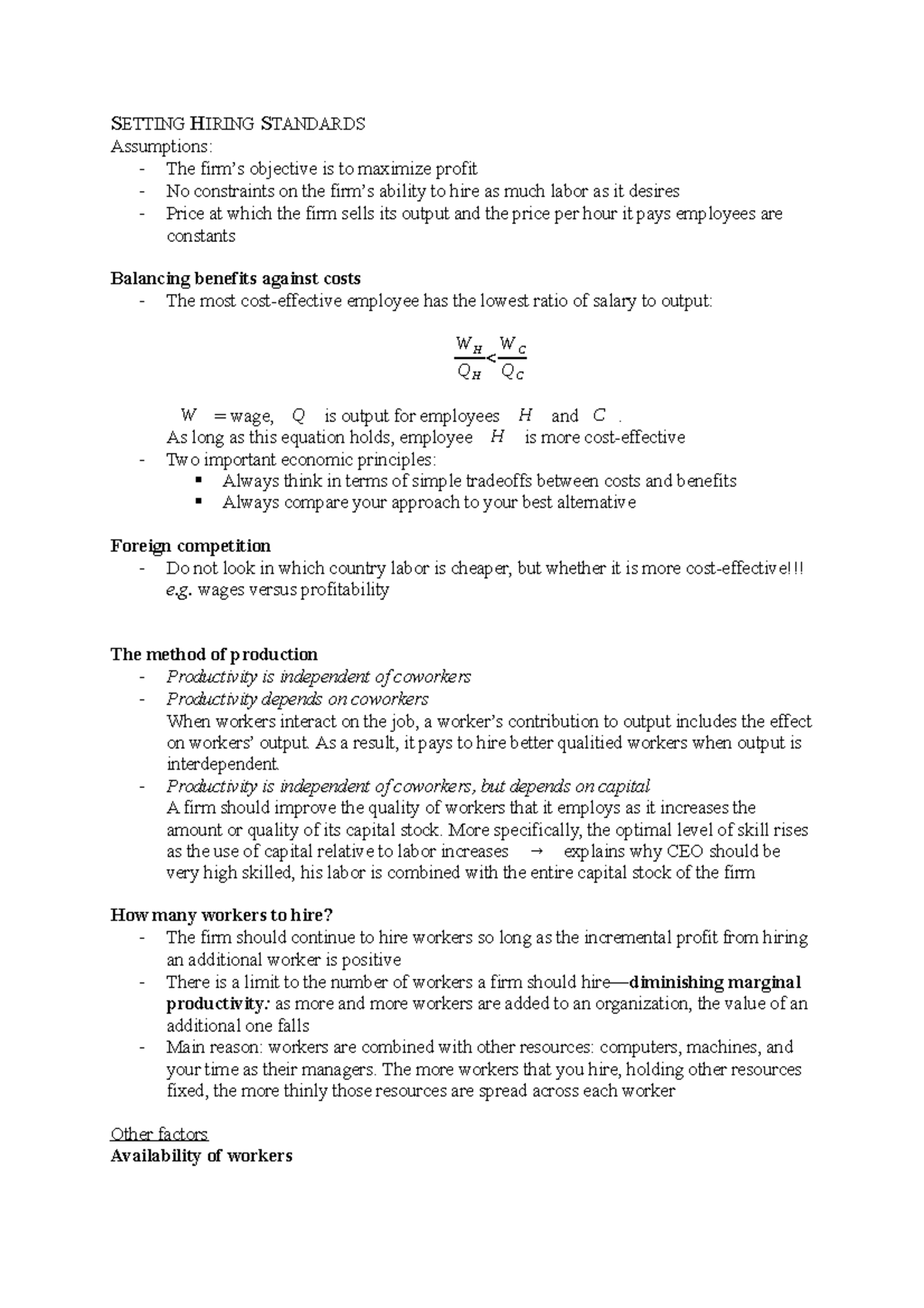 Setting Hiring Standards - SETTING HIRING STANDARDS Assumptions: The ...