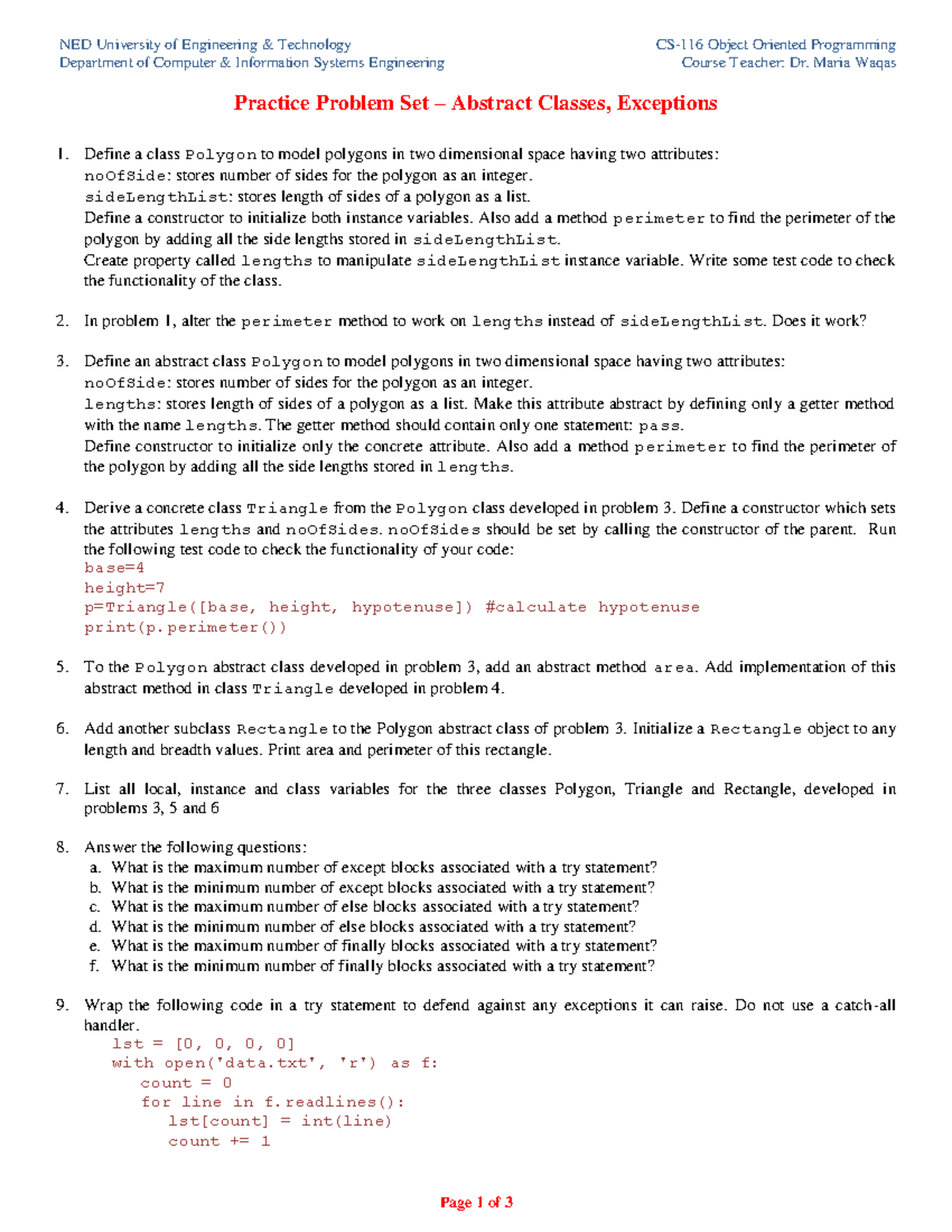 Practice Problem Set 04 Abstract Classes Exceptions Ned University
