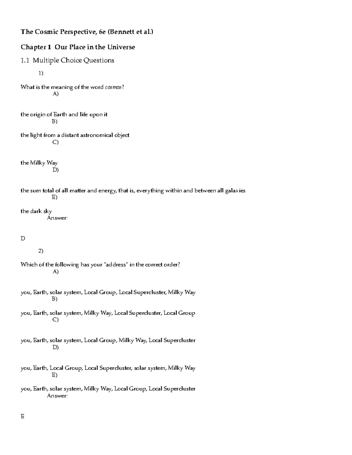 Test Questions And Answers The Cosmic Perspective 6e Bennett Et Al