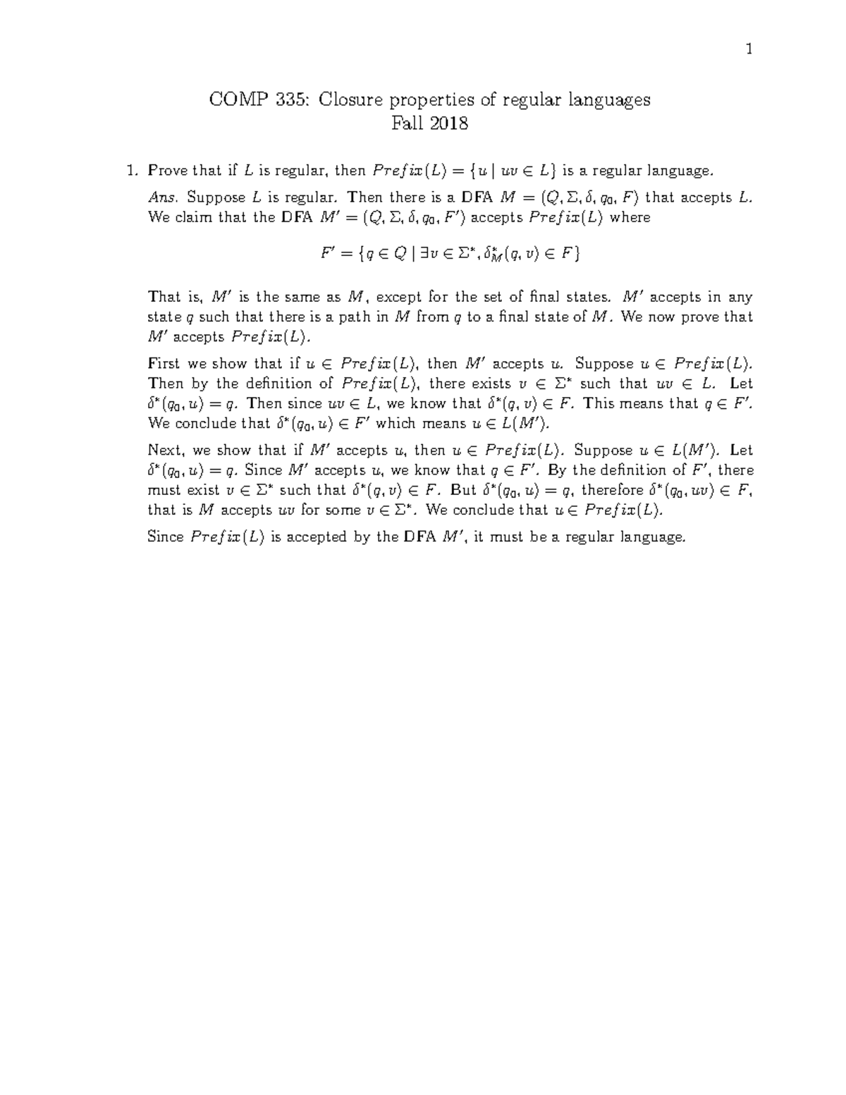Closure-properties-examples - 1 COMP 335: Closure properties of regular languages Fall 2018 ...