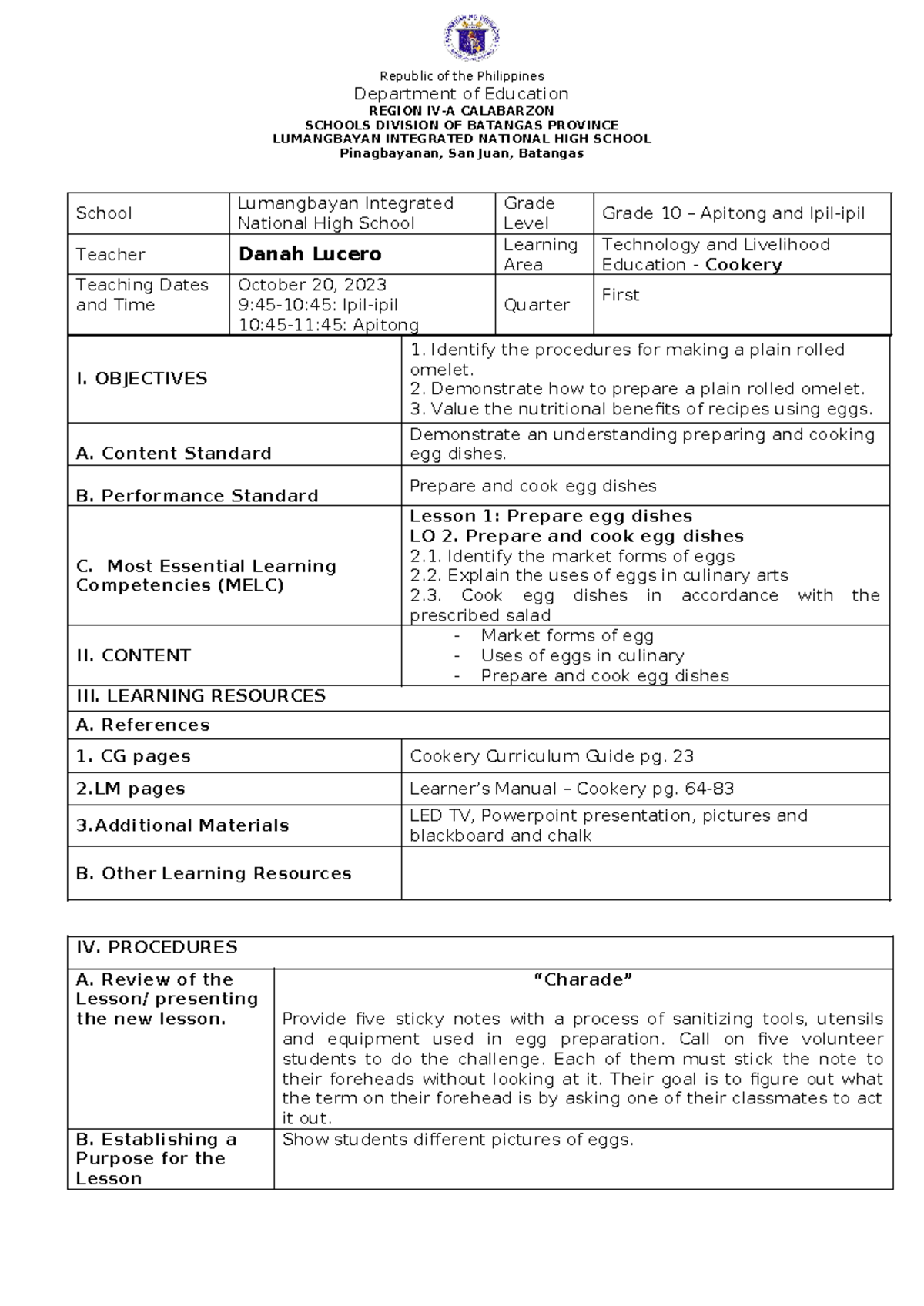 TLE 10 COT - COT Lesson Plan - Republic of the Philippines Department ...