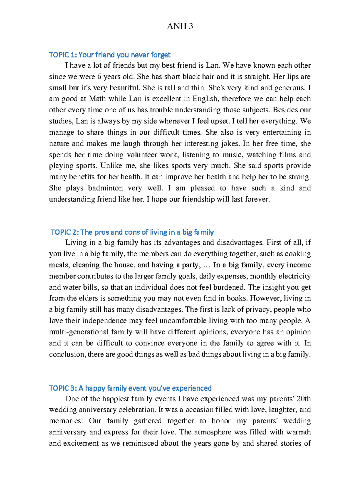 SPEAKING TOPICS - TOPIC 1: Your friend you never forget I have a lot of ...