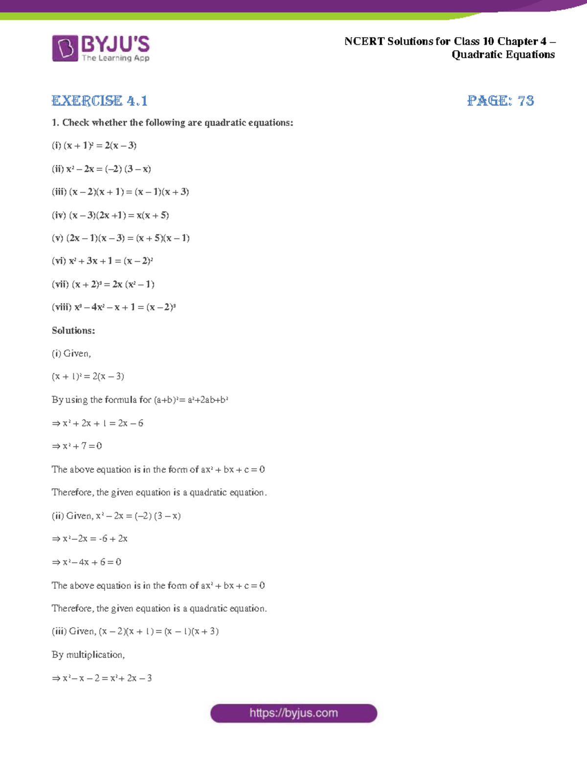 Ncert Solutions for Class 10 Chapter 4 – Quadratic Equations - Quadratic Equations Exercise 4 ...