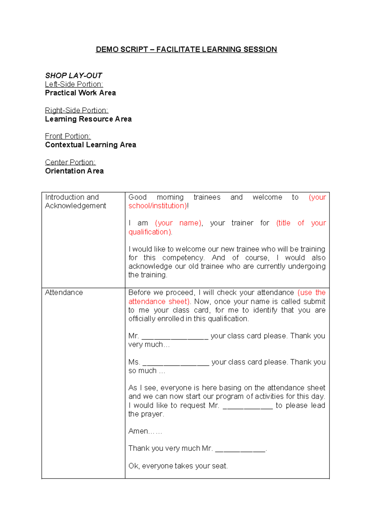 FLS-Script - DEMO SCRIPT – FACILITATE LEARNING SESSION SHOP LAY-OUT ...