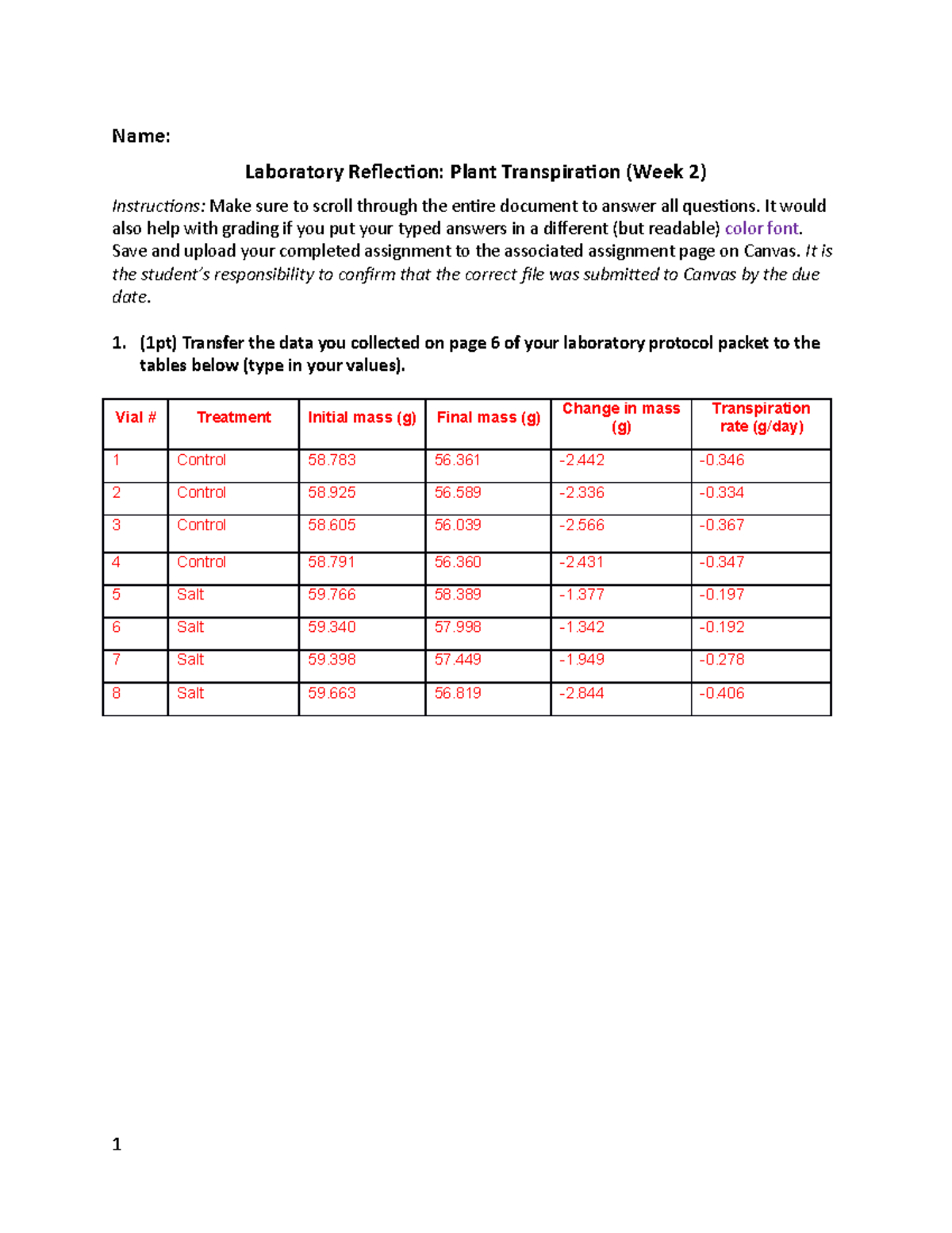 L113 Week 13 laboratory reflection - Plant Transpiration - Name ...