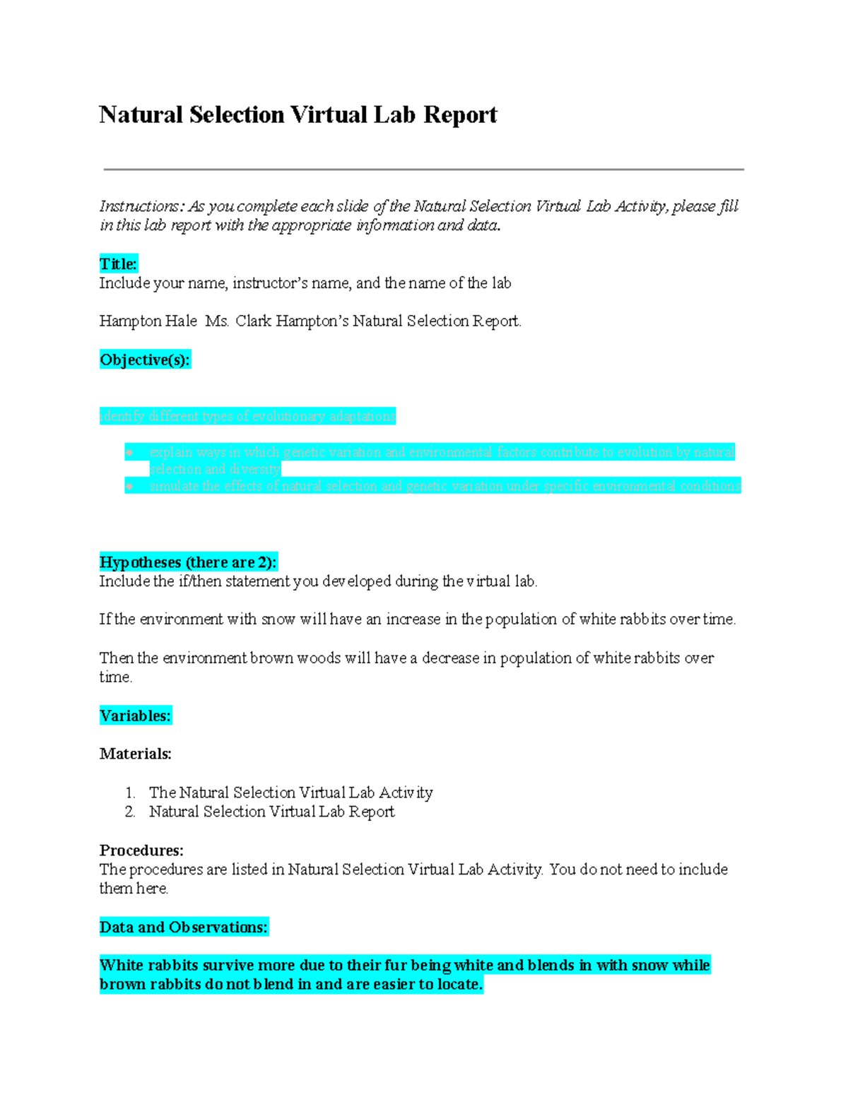 5 - BIO - Natural Selection Virtual Lab Report Instructions: As you ...