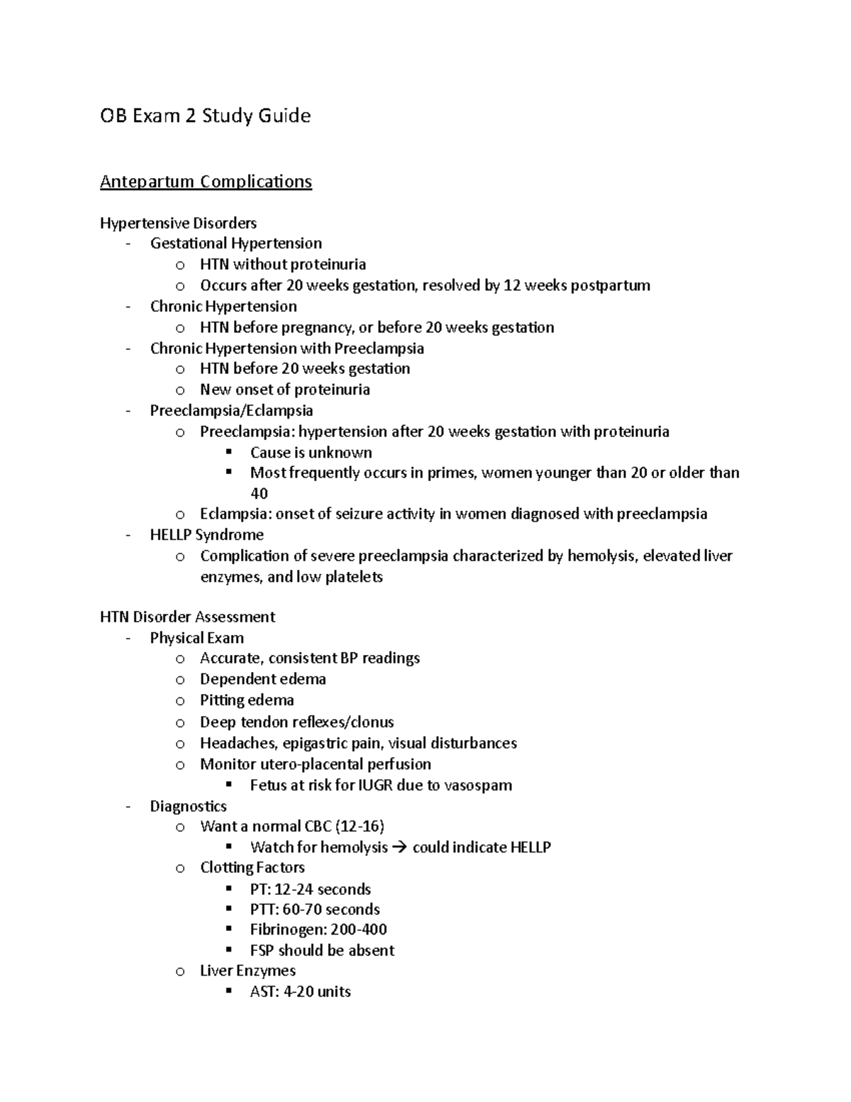 OB Exam 2 Study Guide - OB Exam 2 Study Guide Antepartum Complications ...