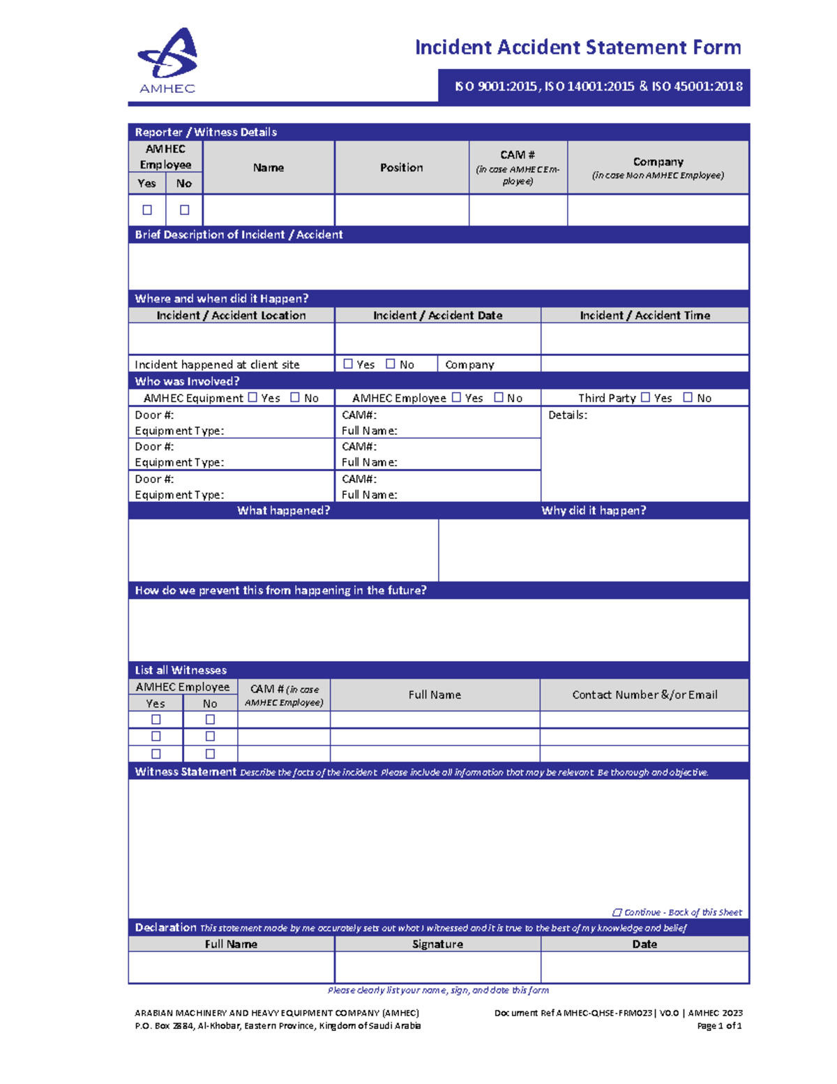 FRM023 Incident Accident Statement Form V0.0 - Incident Accident ...
