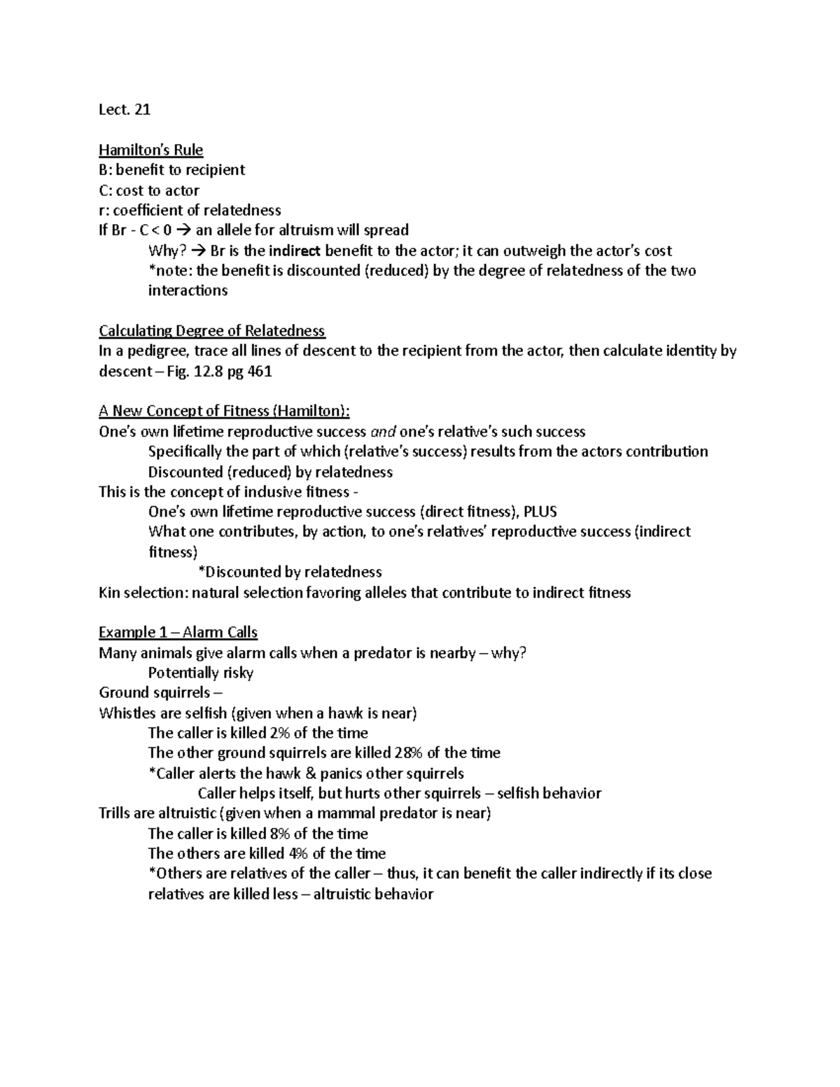 The Lecture No. 21 - Lect. 21 Rule B: benefit to recipient C: cost to actor r: coefficient of ...