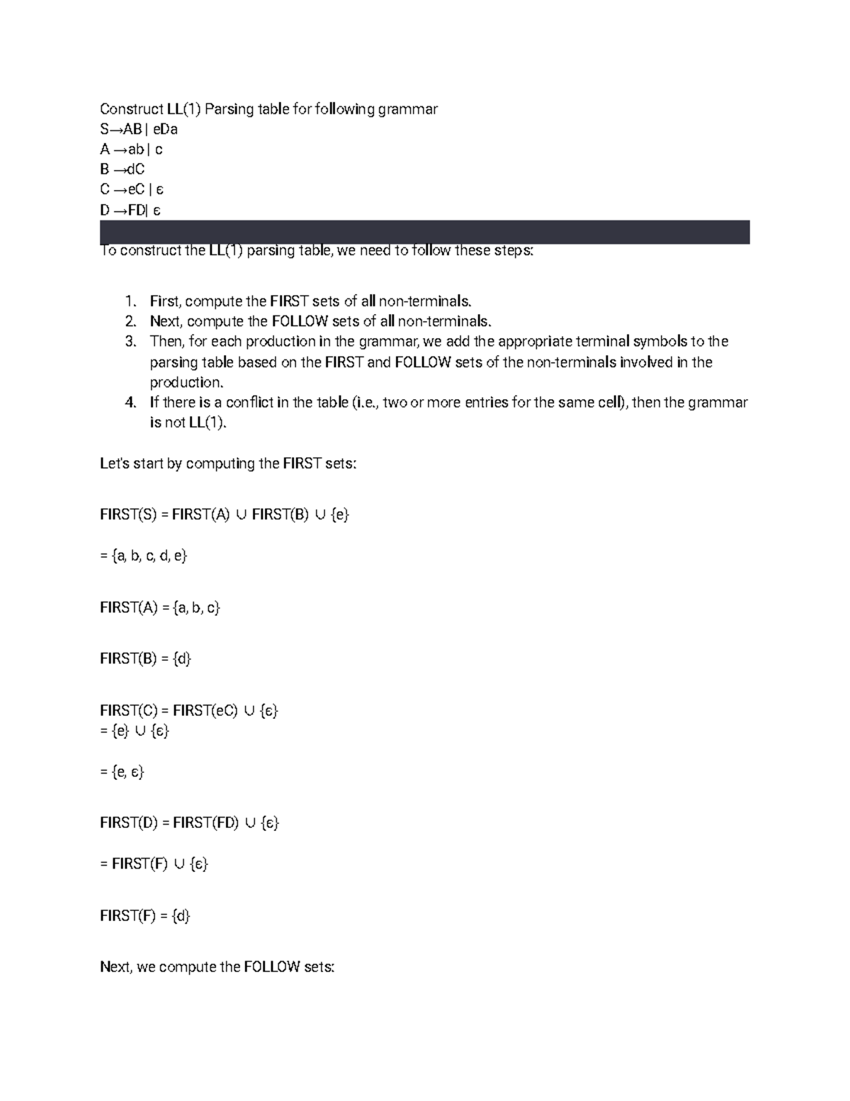 Compiler Design Construct Ll1 Parsing Table For Following Grammars→