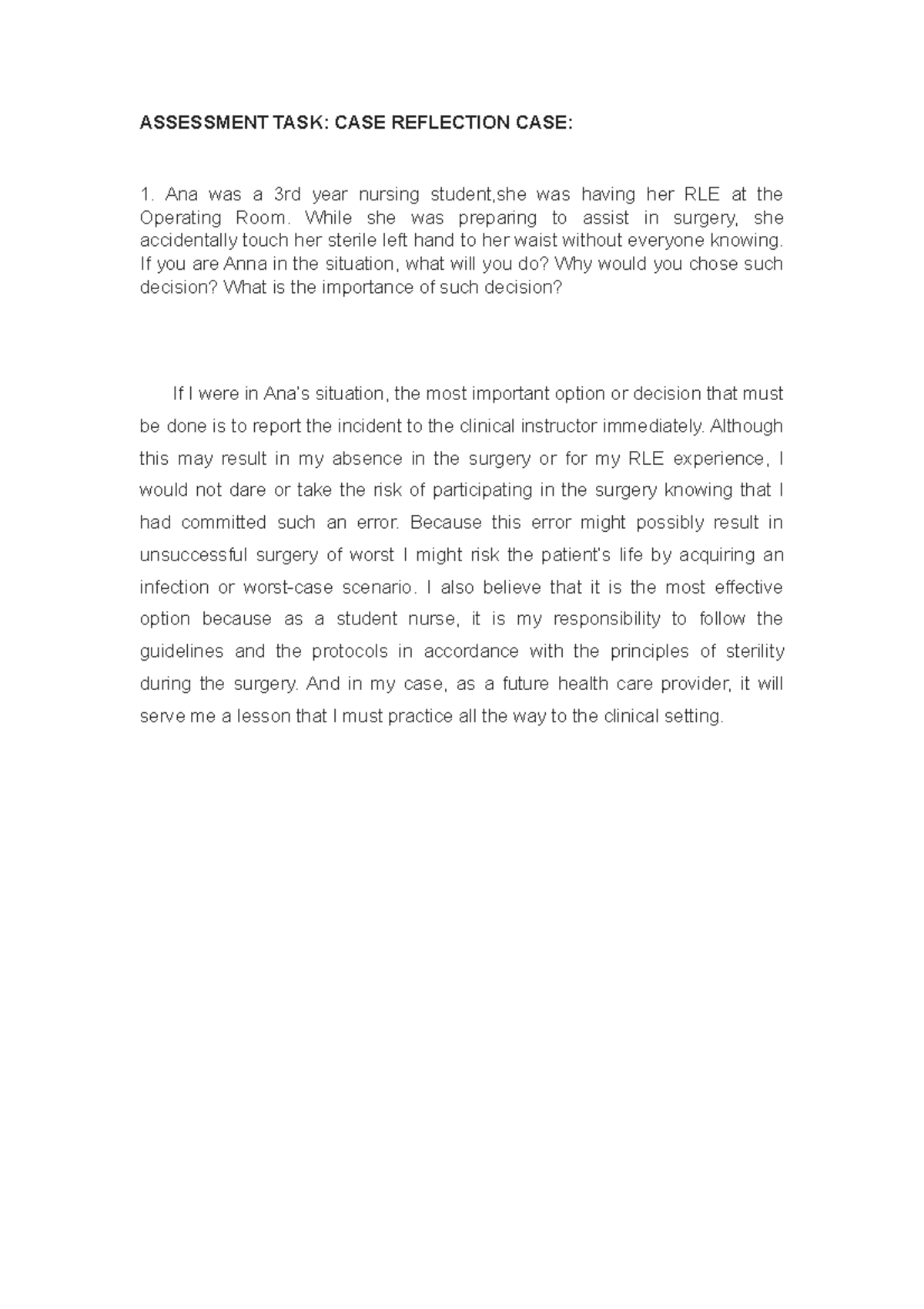 Assessment TASK CASE Reflection CASE - ASSESSMENT TASK: CASE REFLECTION ...