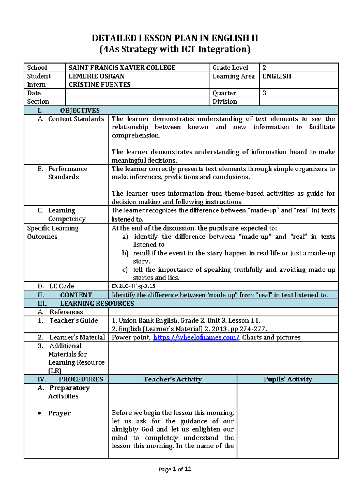 REAL AND MADE UP LP FOR TLE - DETAILED LESSON PLAN IN ENGLISH II (4As ...