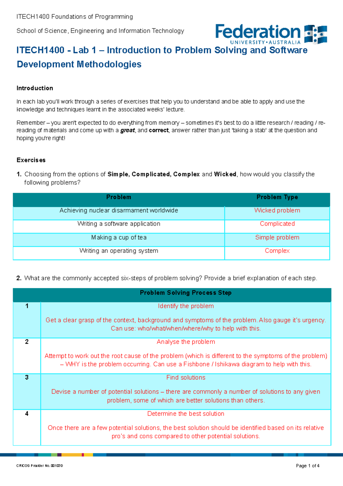 Lab 01 - Introduction to Problem Solving and Software Dev Methodologies - Answers - School of ...
