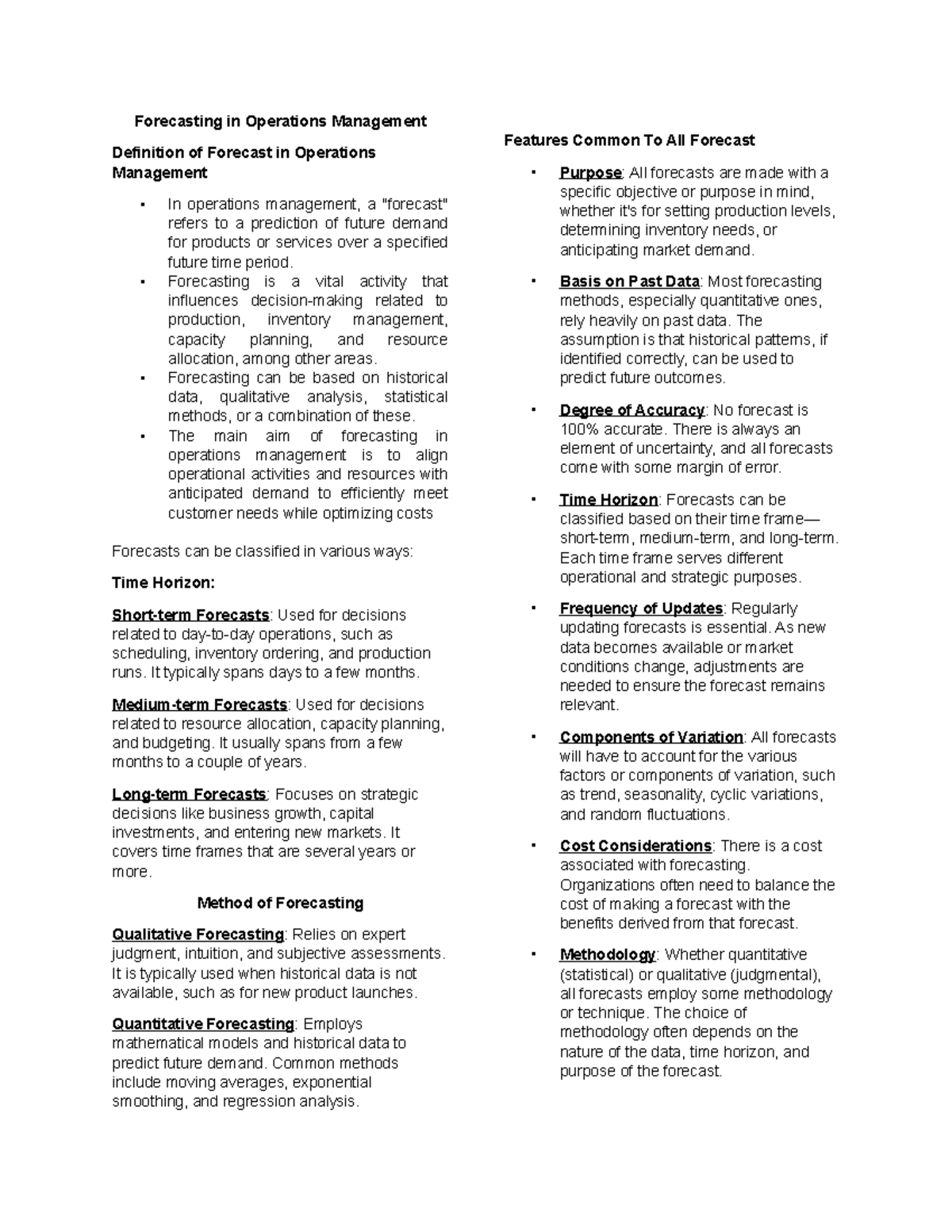 Forecasting in OPMAN - Forecasting in Operations Management Definition of Forecast in Operations ...