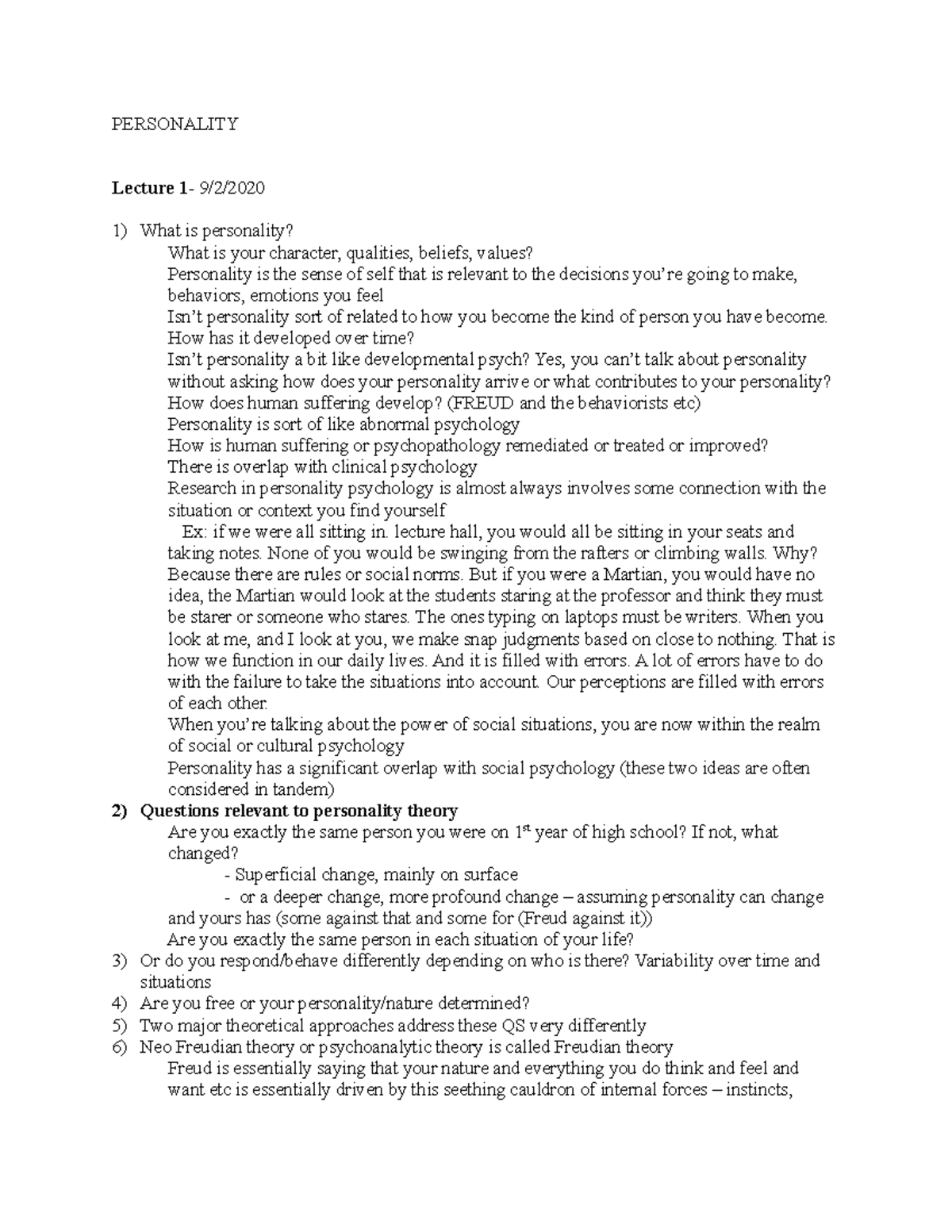 Personality - notes - PERSONALITY Lecture 1- 9/2/ What is personality ...