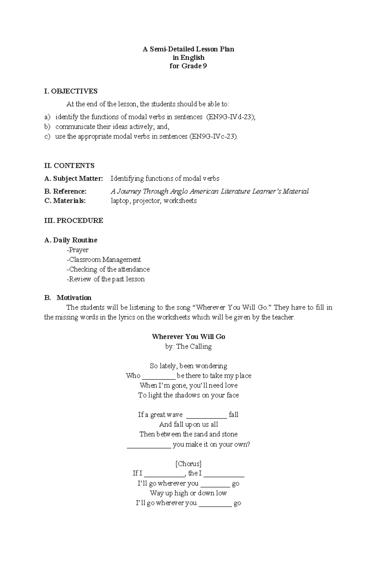 Detailed Modal Verbs LP - A Semi-Detailed Lesson Plan in English for ...