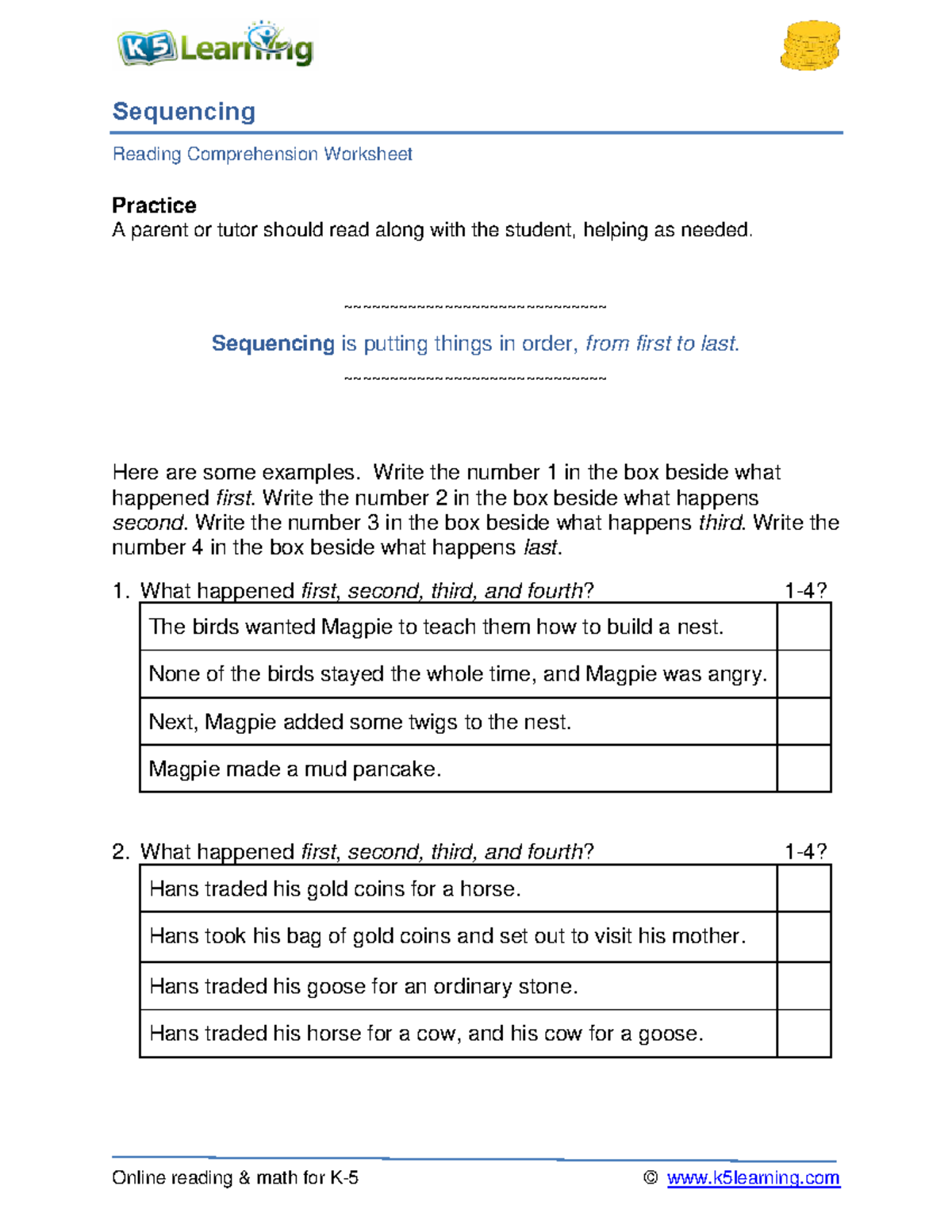 Grade 3 sequencing a - Online reading & math for K-5 © k5learning ...