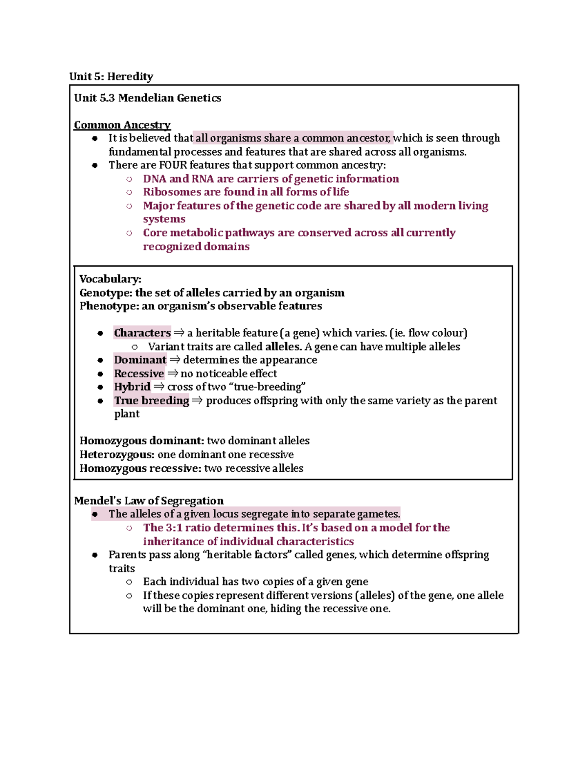 Unit 5 Heredity - Unit 5: Heredity Unit 5 Mendelian Genetics Common ...