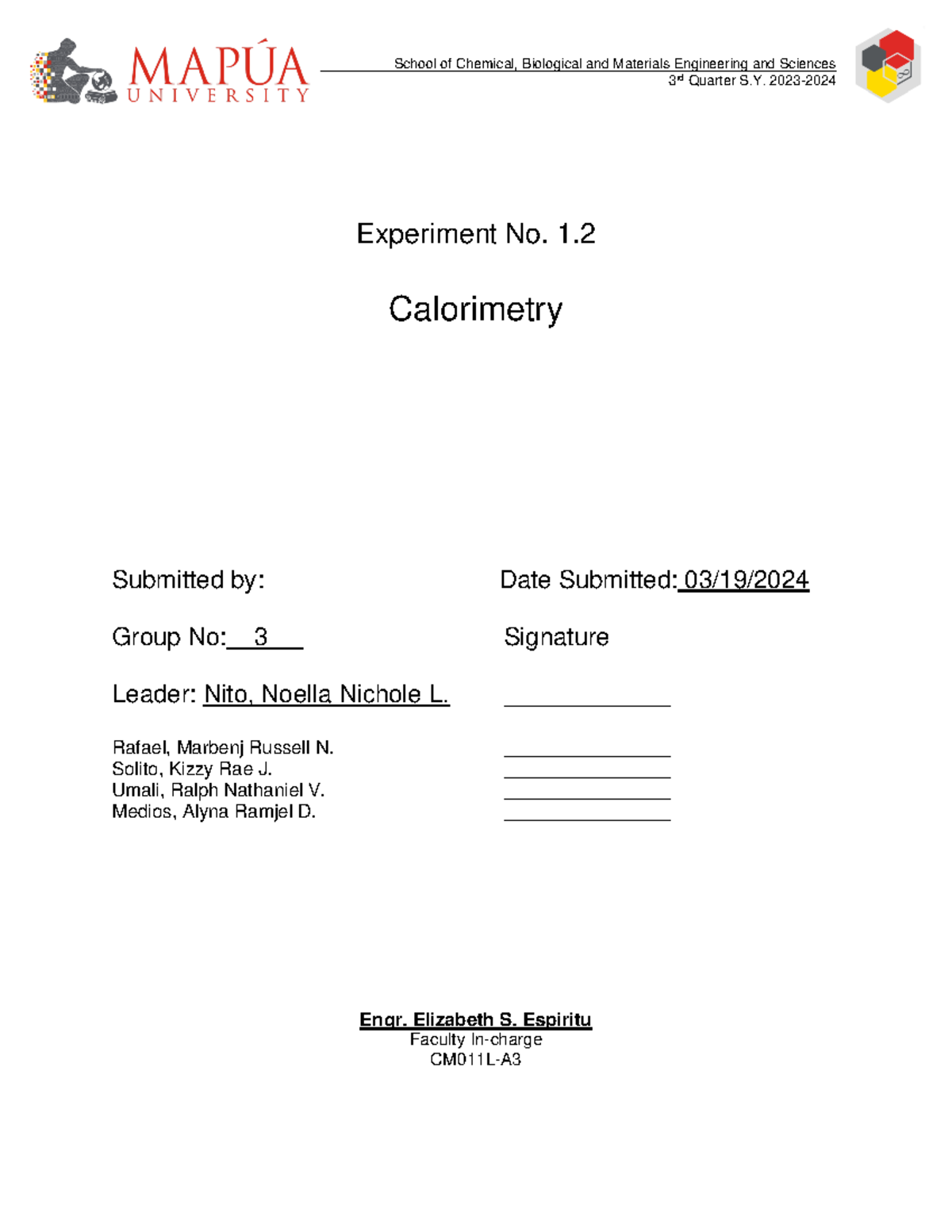 Final Report Group 3 1 - 3 rd Quarter S. 202 3 - 2024 Experiment No. 1 ...