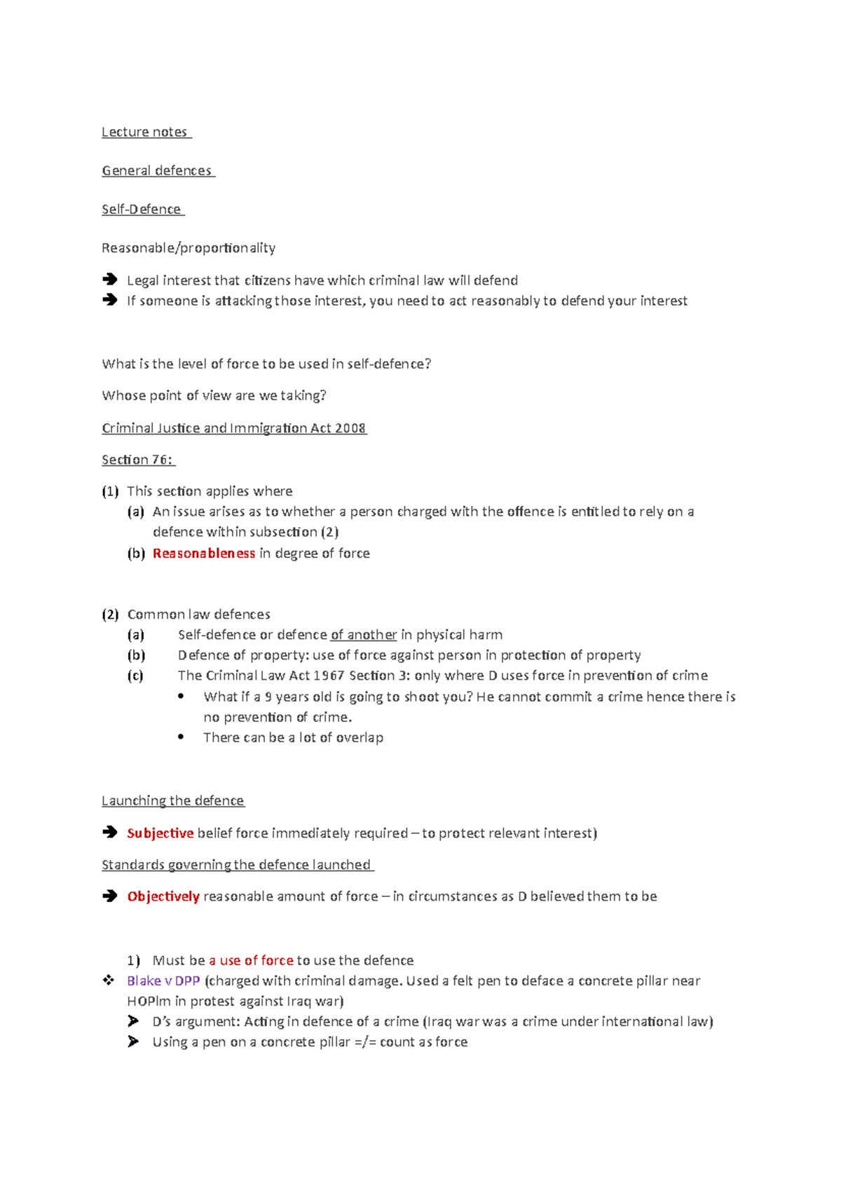 Tutorial (Self-Defence) - Lecture notes General defences Self-Defence ...