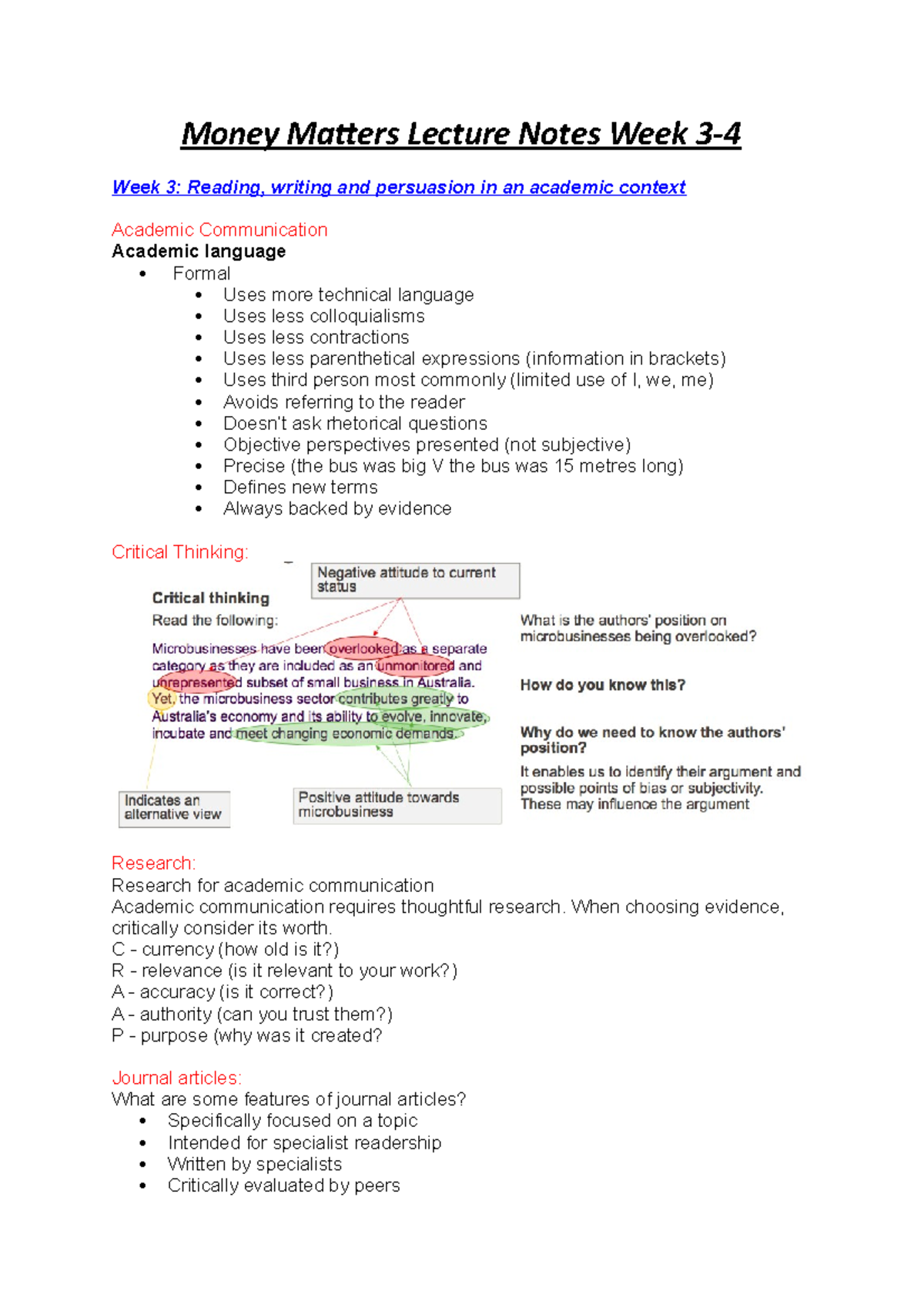 Money Matters Lecture Notes Week 3-4 - When choosing evidence ...