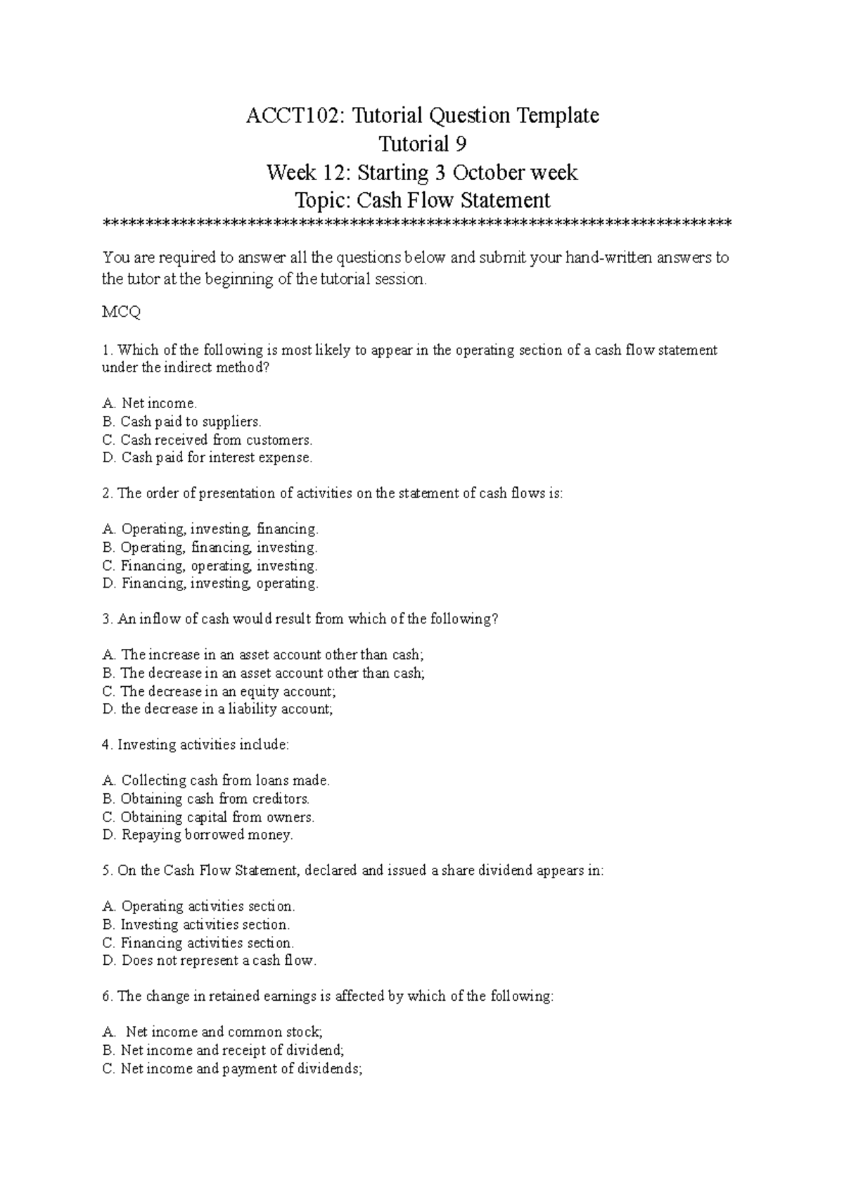 Week 12 Tutorial 10 Template - ACCT102: Tutorial Question Template ...