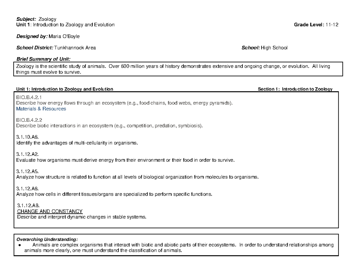 TASD Zoology Curriculum 6-14 - Subject: Zoology Unit 1 : Introduction ...