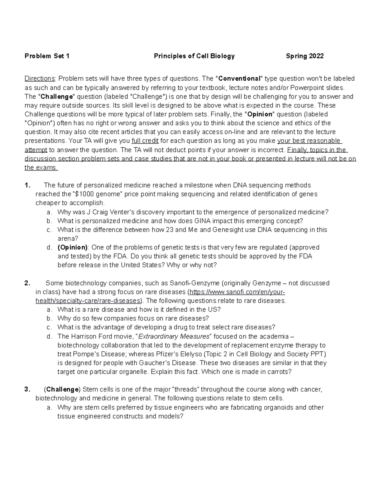 Problem Set 1 Spring 2022 - Problem Set 1 Principles of Cell Biology ...