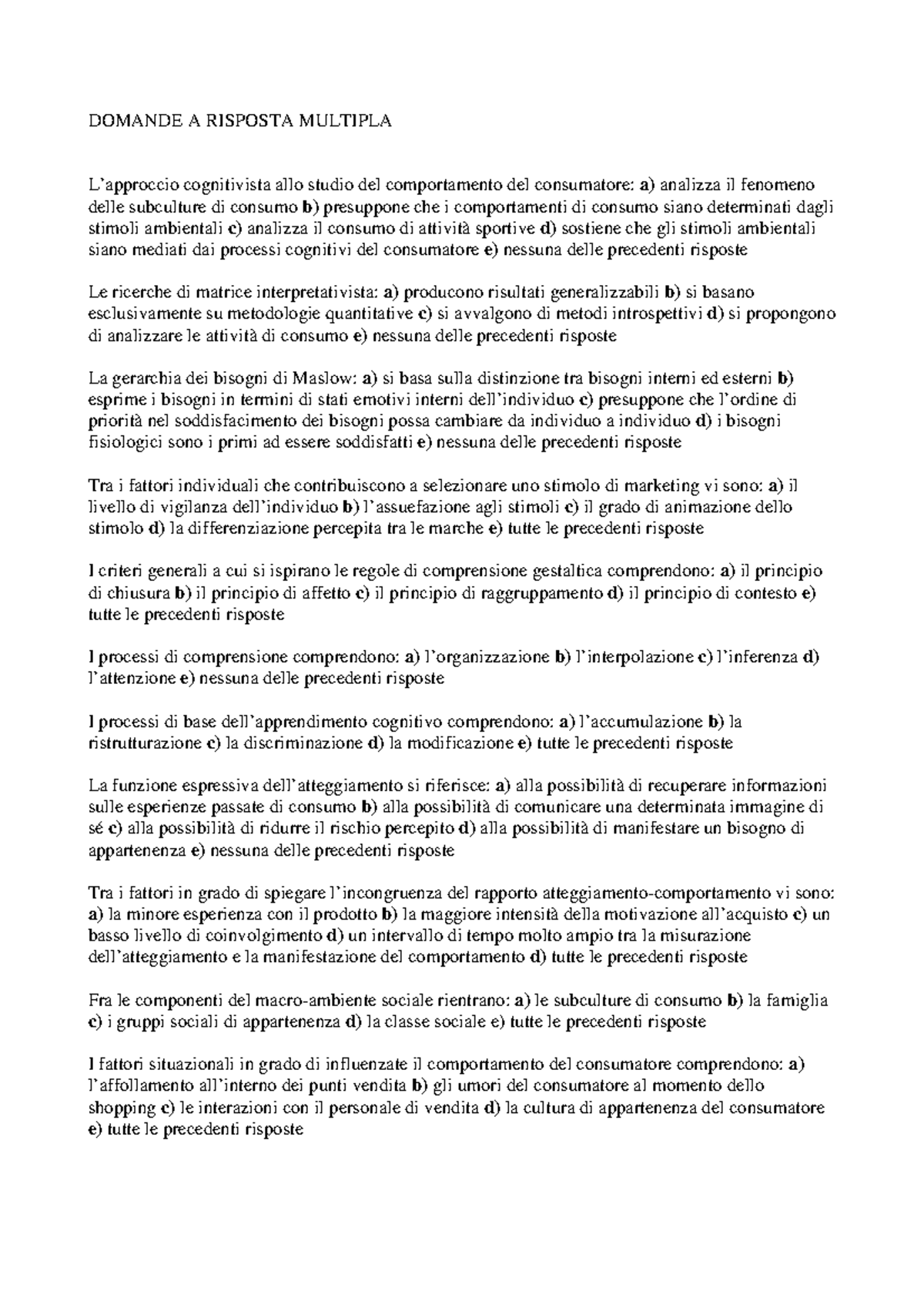 Palestra Consumer Behavior - DOMANDE A RISPOSTA MULTIPLA L’approccio ...