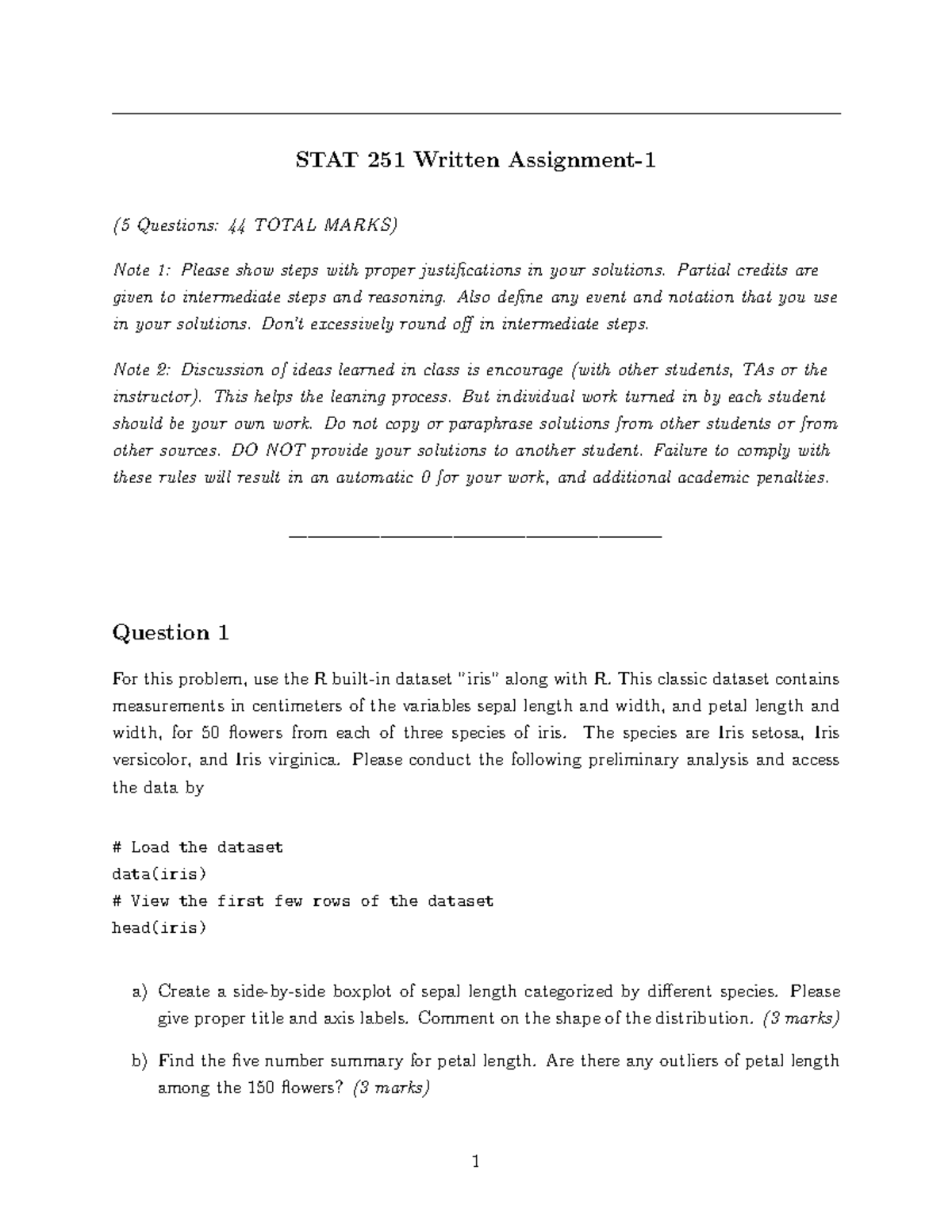 STAT251Written Assignment 1 W2 2023 - STAT 251 Written Assignment- (5 Questions: 44 TOTAL MARKS ...
