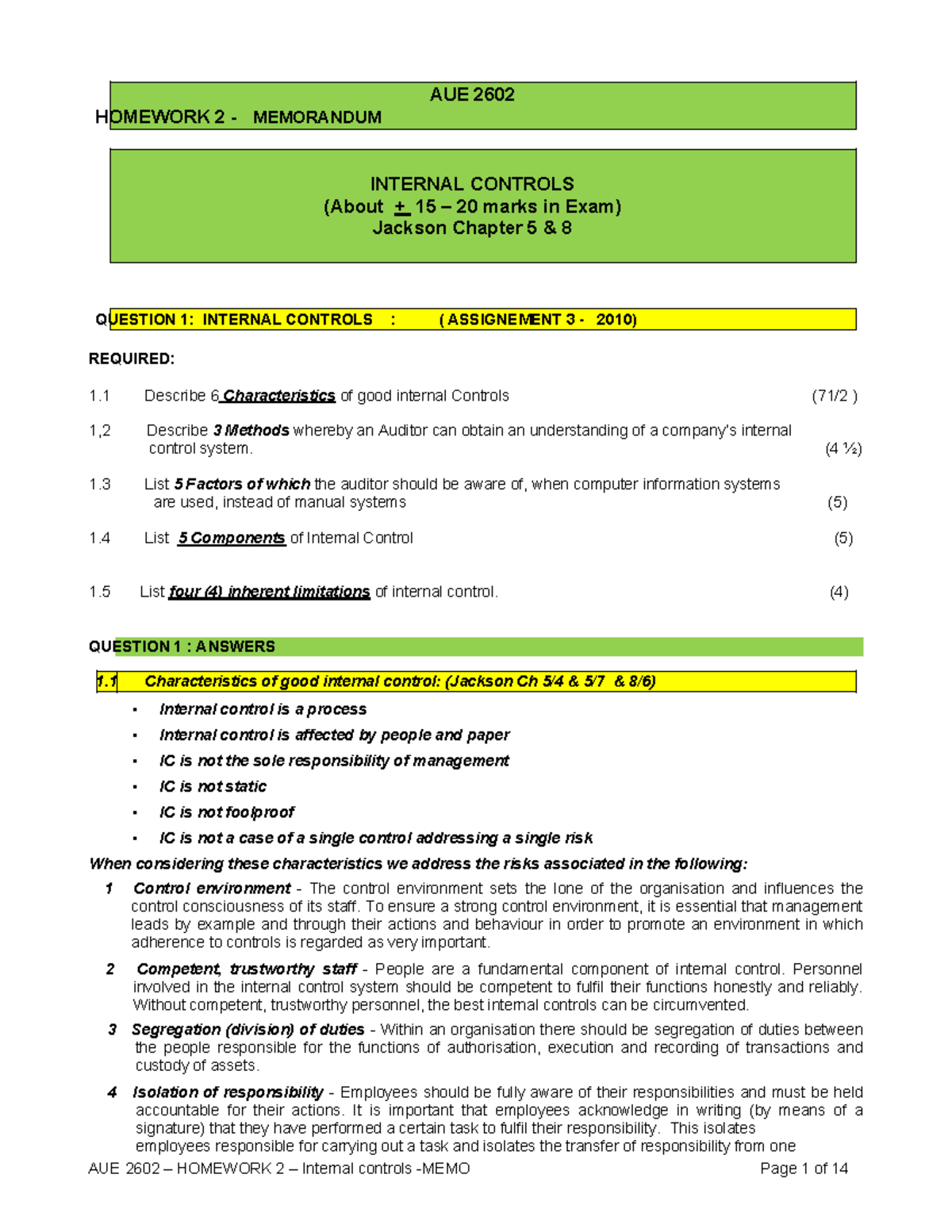 AUE2602- homework 2 - memo- 2014- internal controls - AUE 2602 HOMEWORK ...