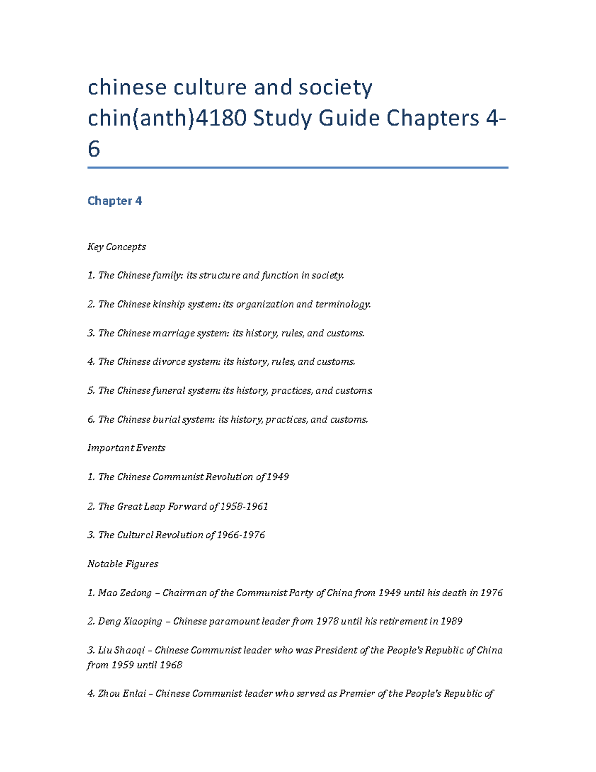 Chinese culture and society chin(anth)4180 Study Guide Chapters 4-6 ...