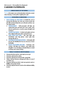 Perdev Q4W4 - Career Planning - Q4 Lesson 4 – Personality Development PERSONS & CAREERS NINE (9 ...