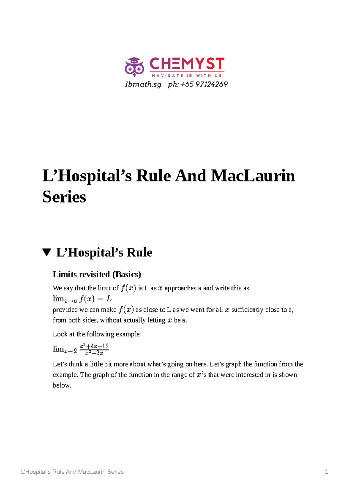 LHospitals Rule And Mac Laurin Series - MA1511 - NUS - Studocu
