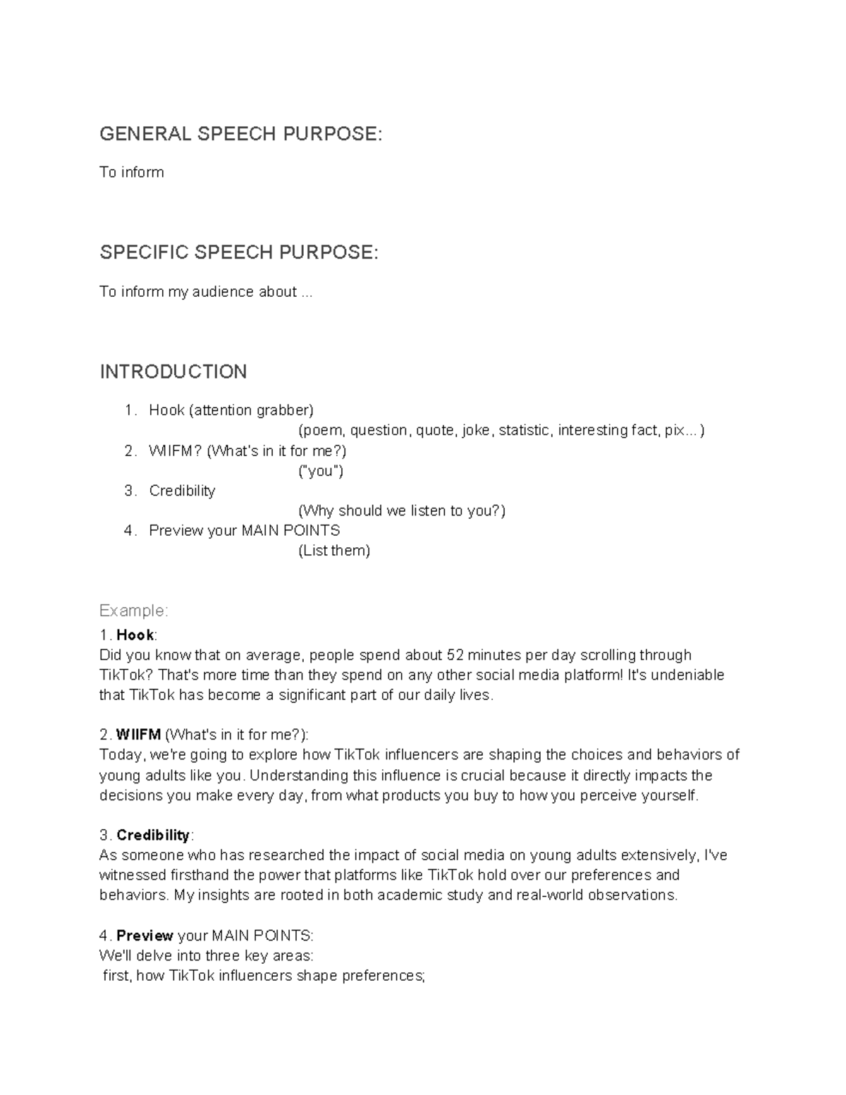 Informative Outline - For a speech - GENERAL SPEECH PURPOSE: To inform ...