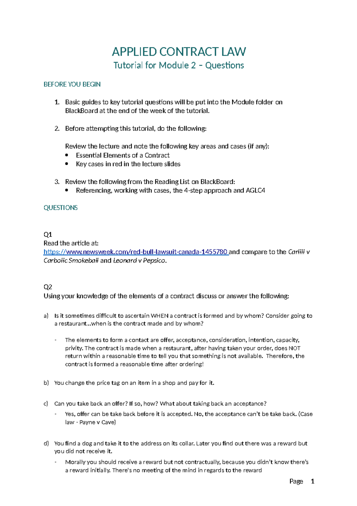 Module 2 - Tutorial Questions-converted - Page 1 APPLIED CONTRACT LAW Tutorial for Module 2 ...