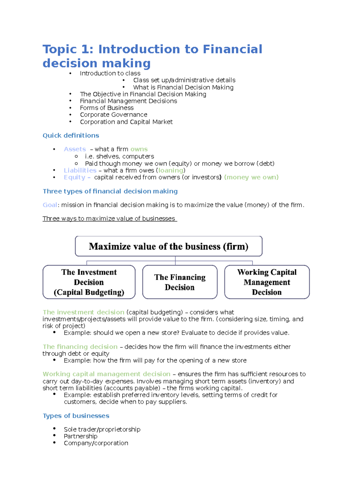 BSNS114 Exam Notes - Topic 1: Introduction to Financial decision making ...