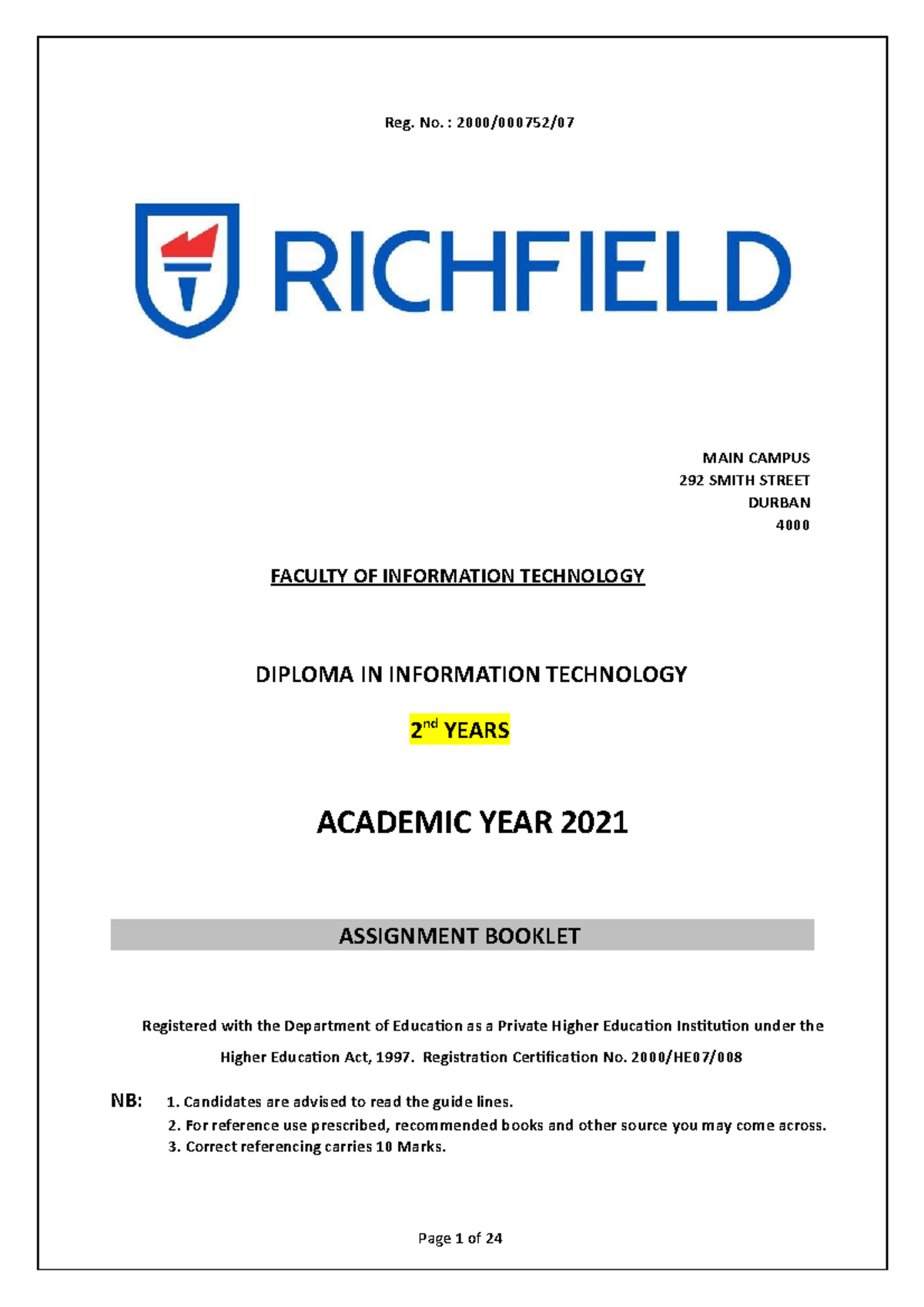 DIT Second Year Assignment Booklet - Reg. No. : 2000/000752/ MAIN ...